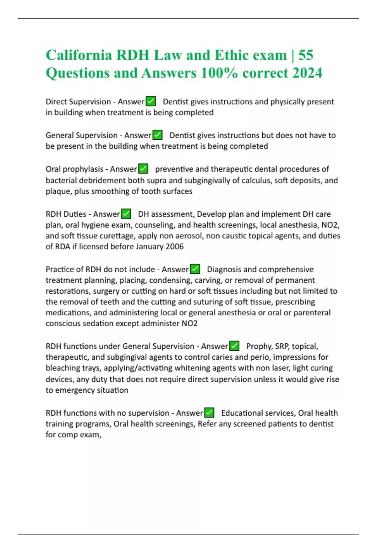 California RDH Law and Ethic exam | 55 Questions and Answers 100% ...