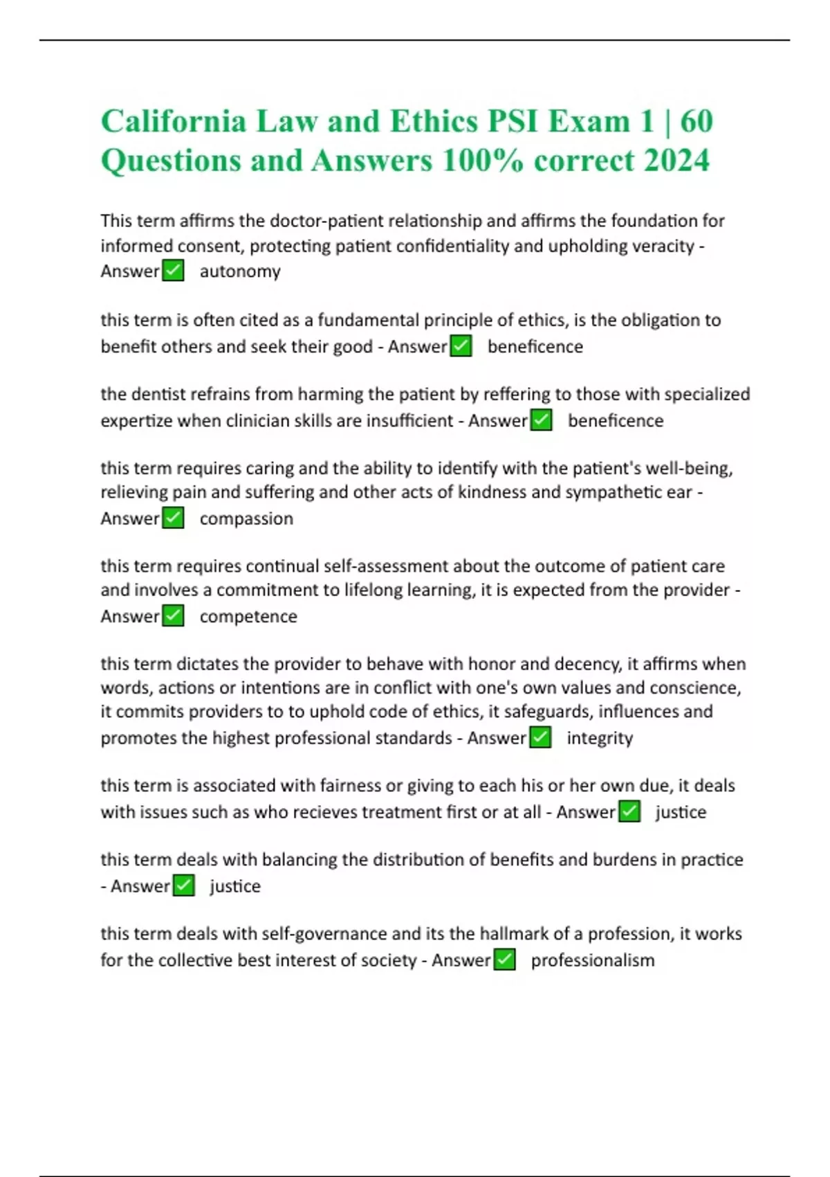 California Law and Ethics PSI Exam 1 | 60 Questions and Answers 100% ...