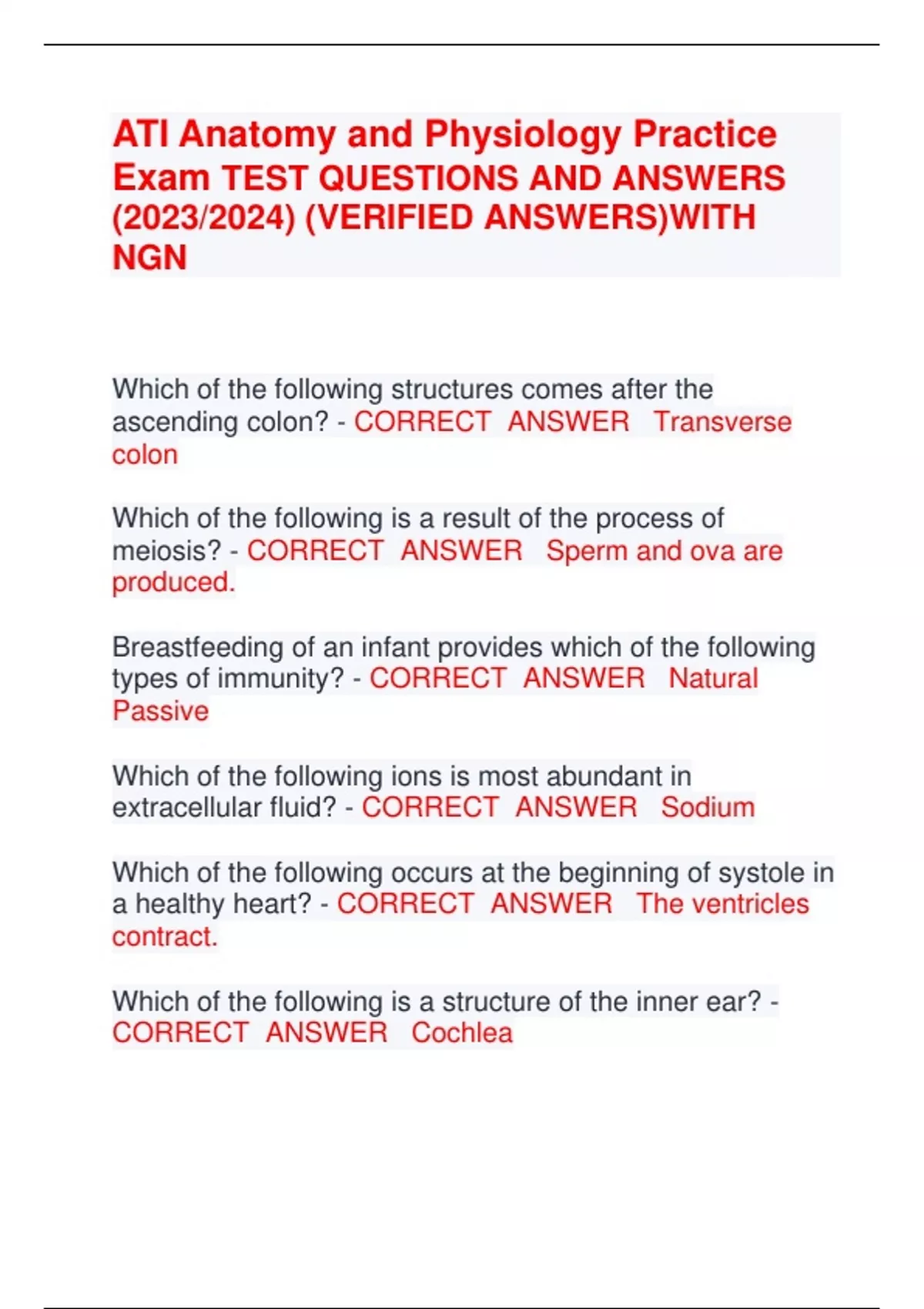 ATI Anatomy and Physiology Practice Exam TEST QUESTIONS AND ANSWERS ...