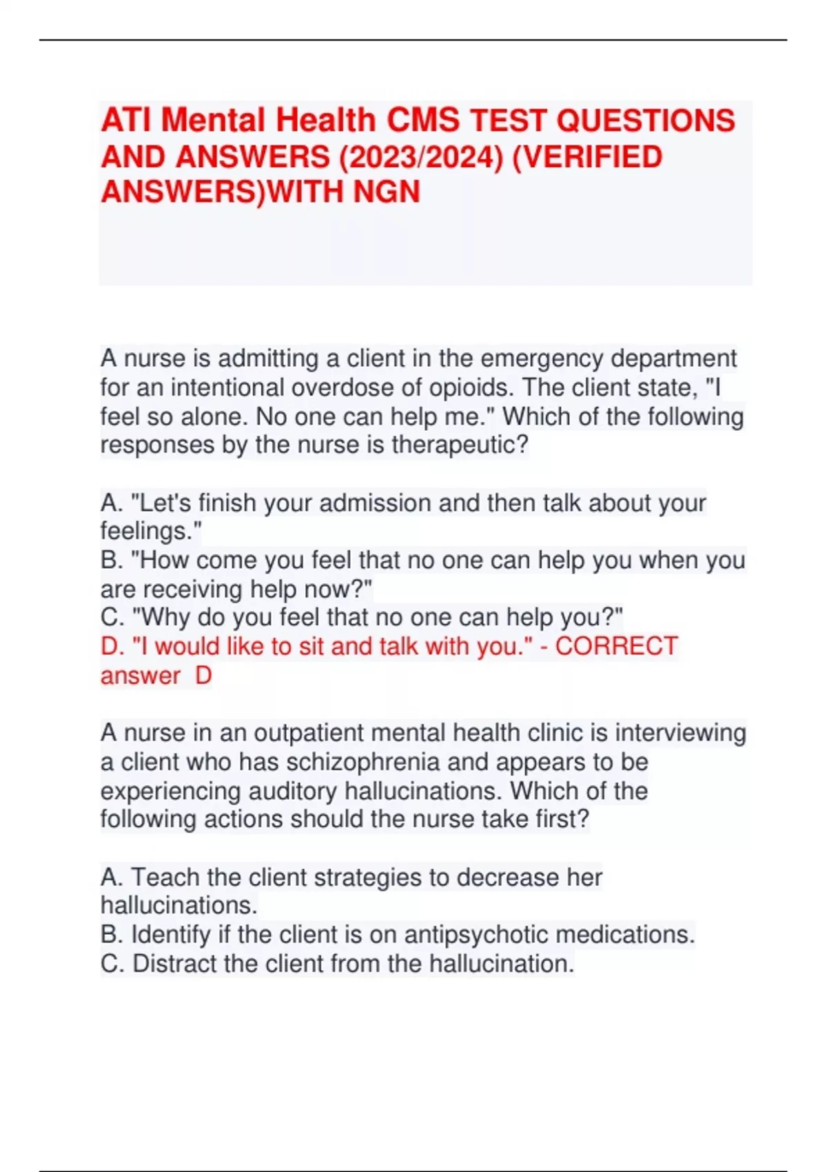 ATI Mental Health CMS TEST QUESTIONS AND ANSWERS (2023/2024) (VERIFIED ...