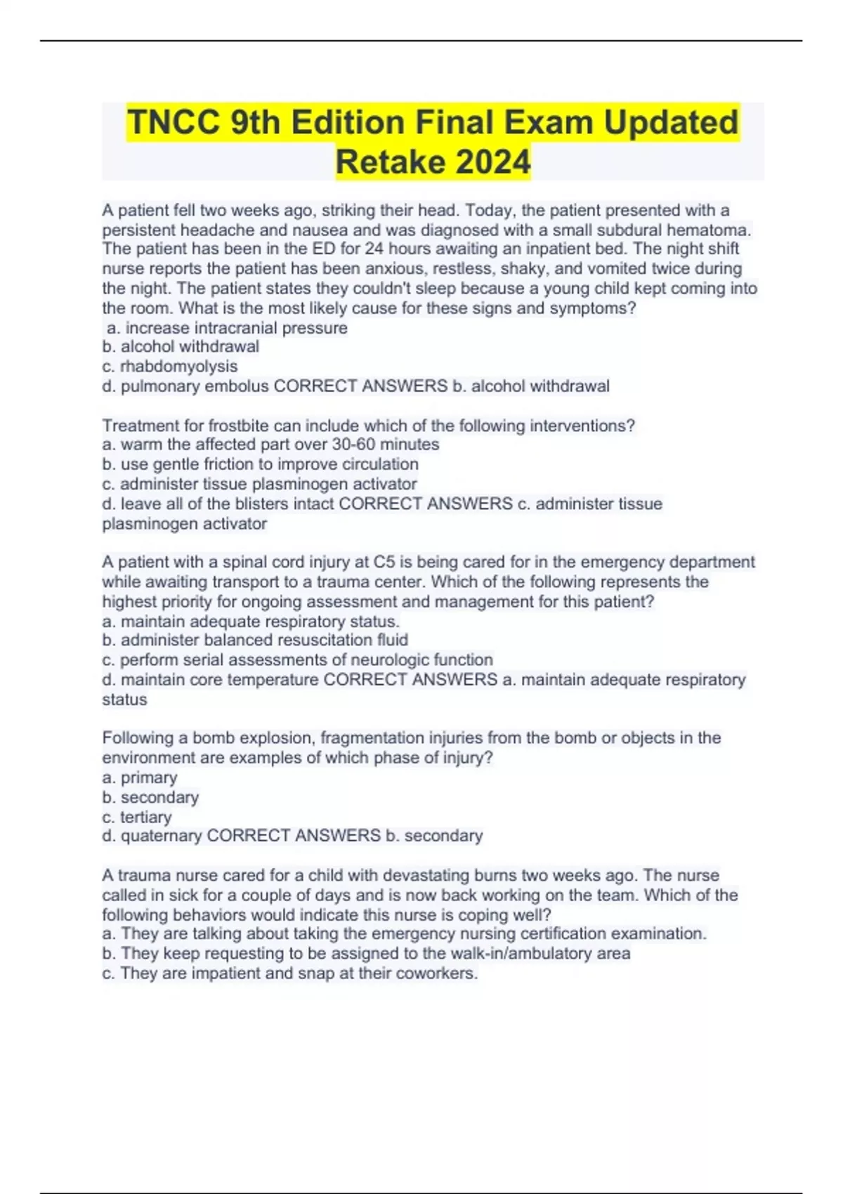 TNCC 9th Edition Final Exam Updated Retake 2024 - Tncc 9th edition ...