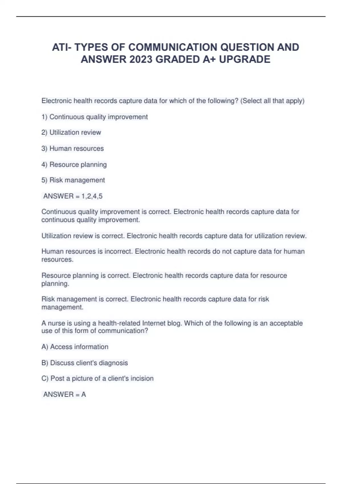 ATI- TYPES OF COMMUNICATION QUESTION AND ANSWER 2023 GRADED A+ UPGRADE ...