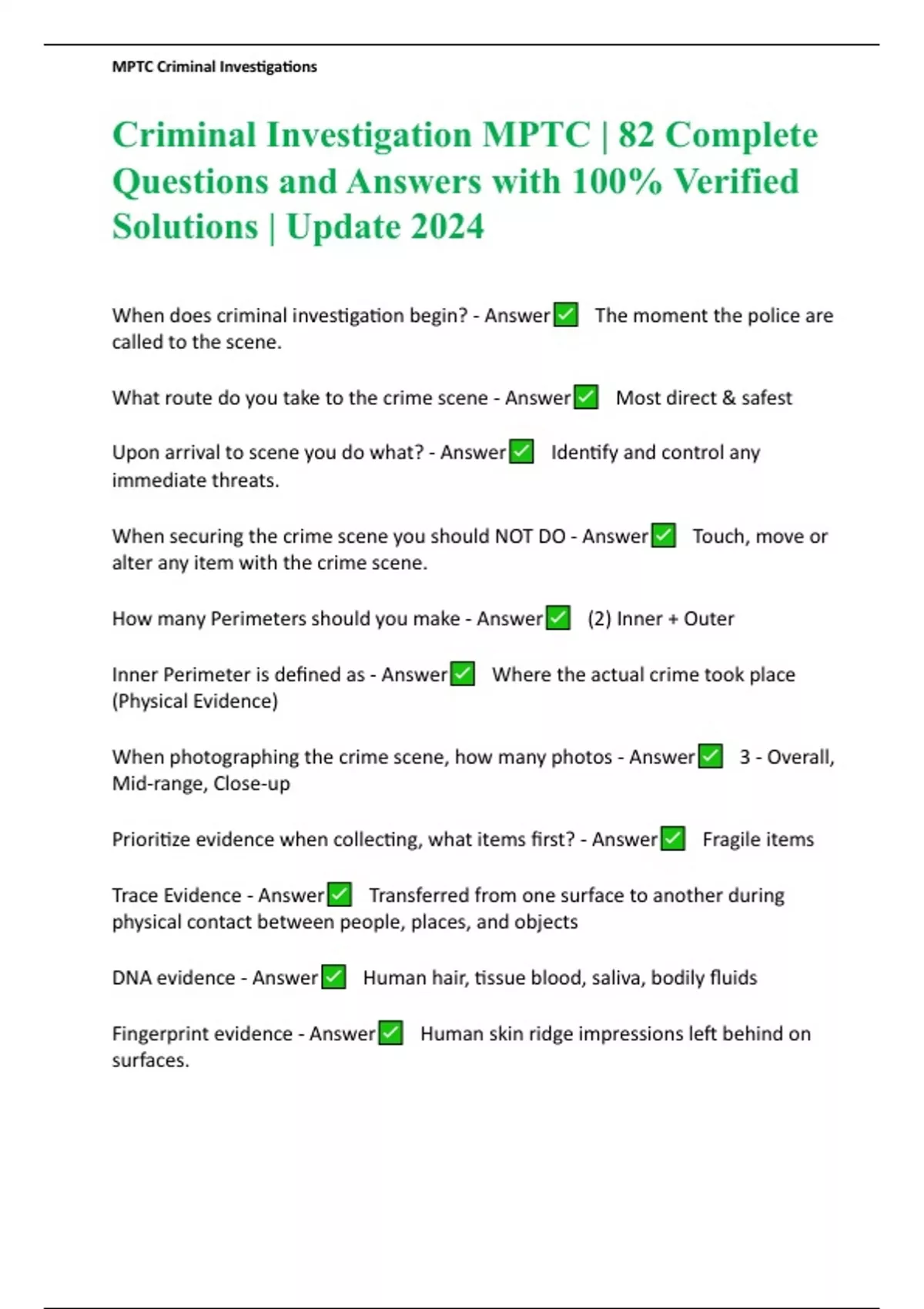 Criminal Investigation MPTC | 82 Complete Questions and Answers with ...