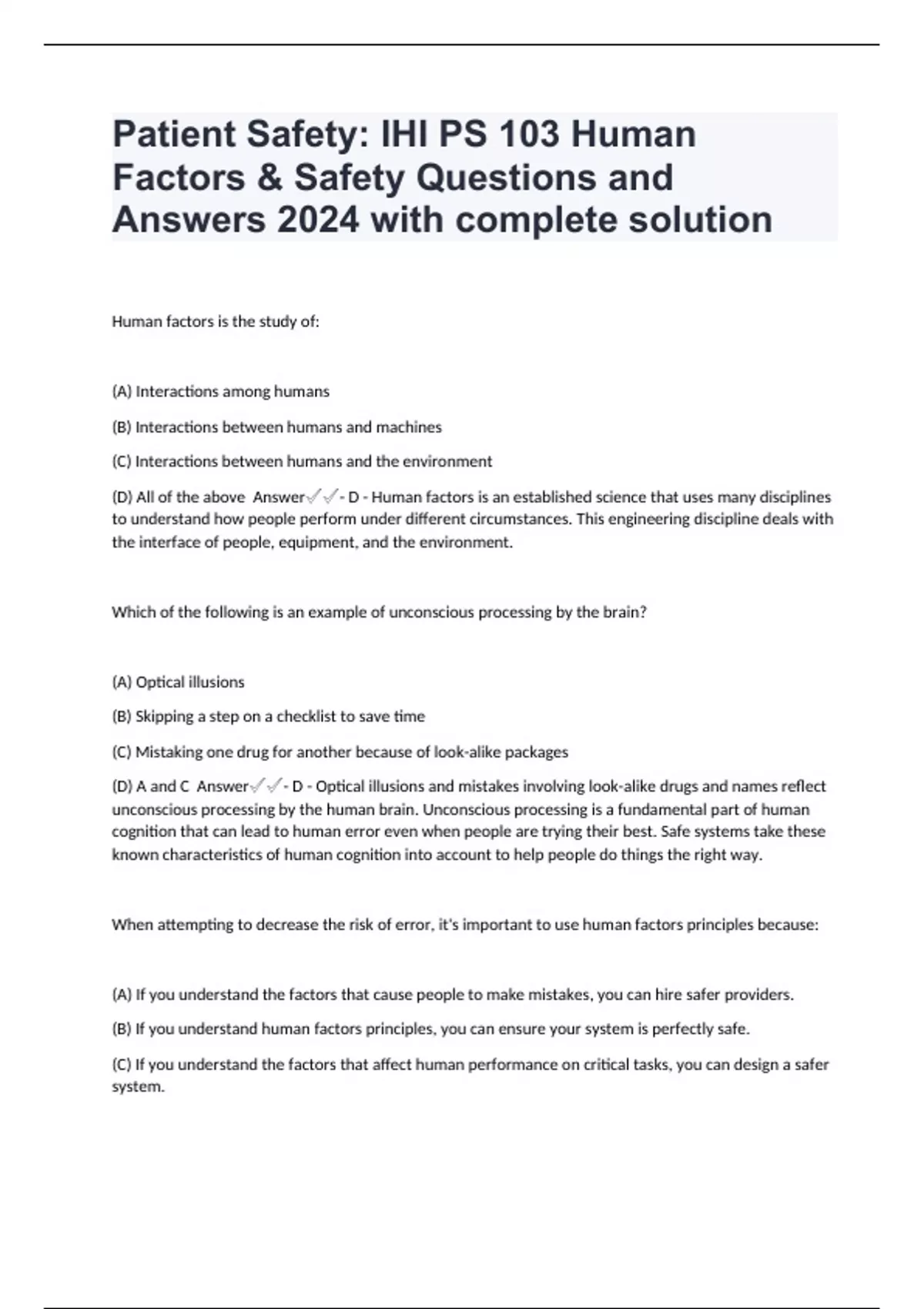 Patient Safety: IHI PS 103 Human Factors & Safety Questions and Answers 2024 with complete ...