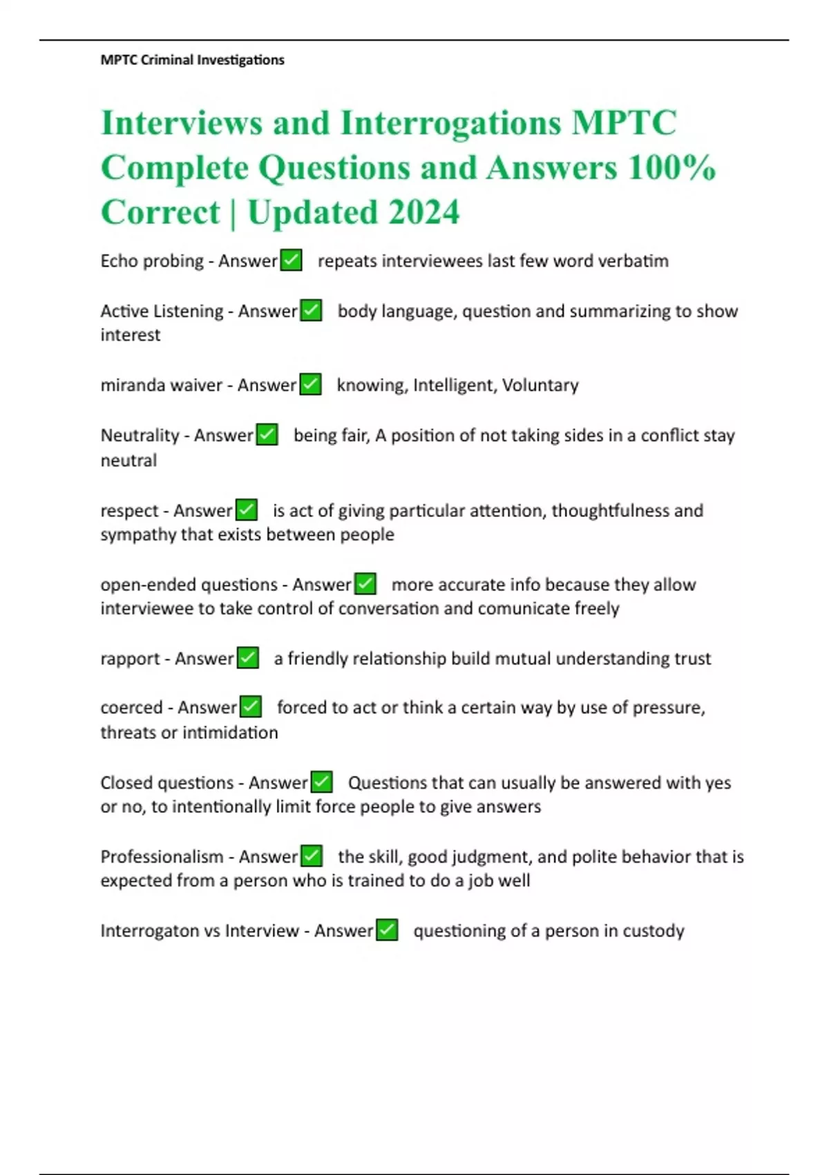 Interviews and Interrogations MPTC Complete Questions and Answers 100% ...