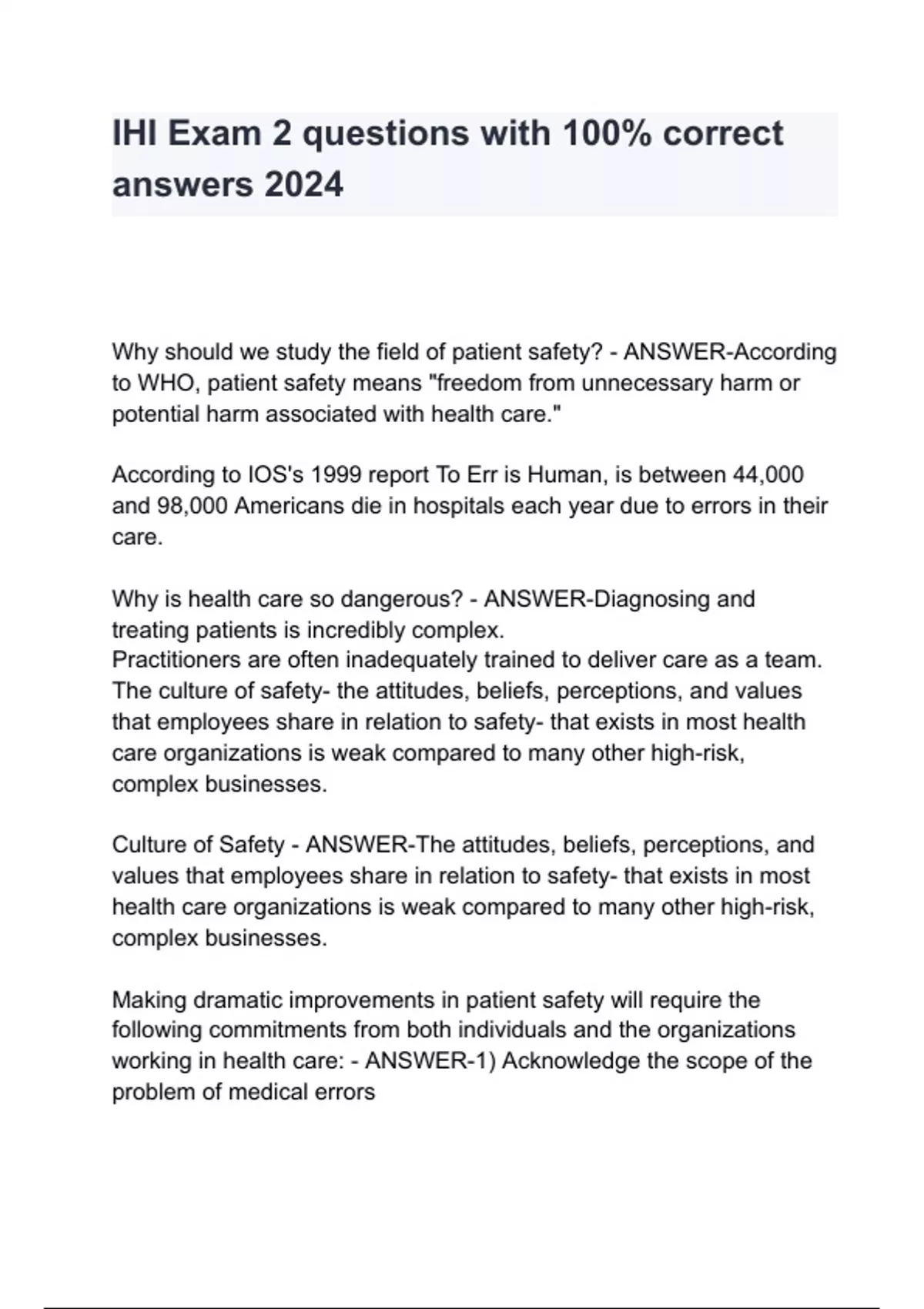 IHI Exam 2 questions with 100% correct answers 2024 - IHI Exm 2 questons with 100% orect aswers ...