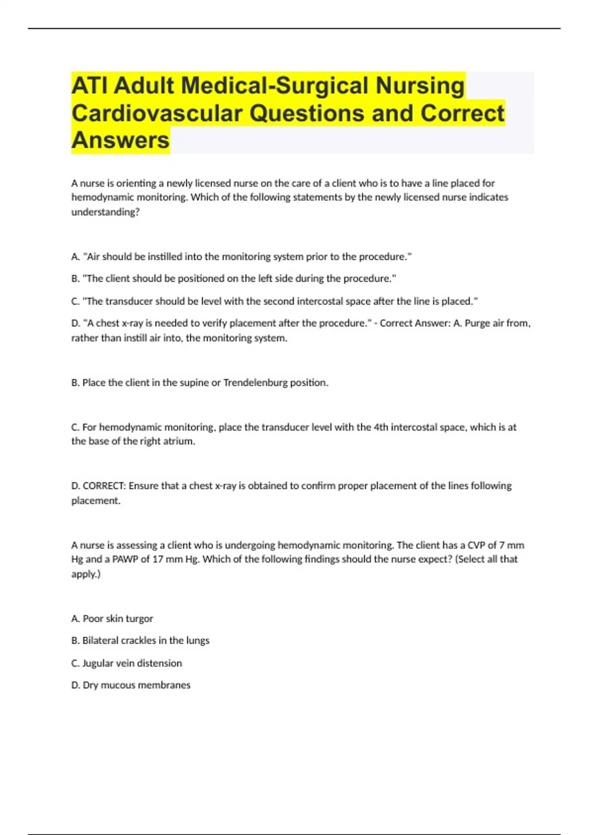 ATI Adult Medical-Surgical Nursing Cardiovascular Questions and Correct ...