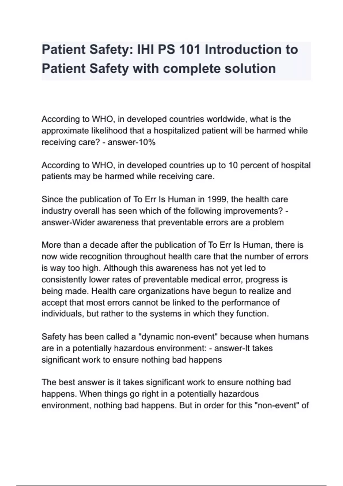 Patient Safety: IHI PS 101 Introduction to Patient Safety with complete ...