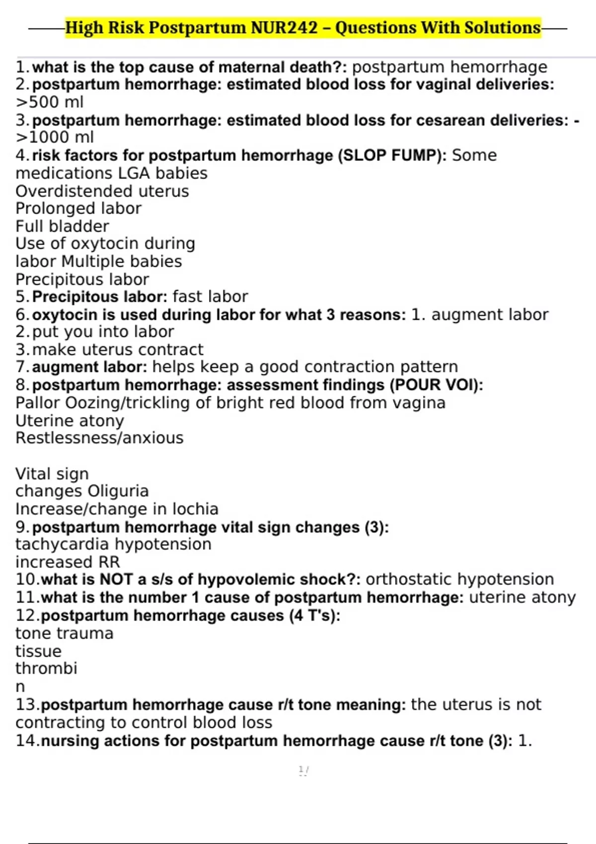 High Risk Postpartum NUR242 – Questions With Solutions - NUR242 - Stuvia UK