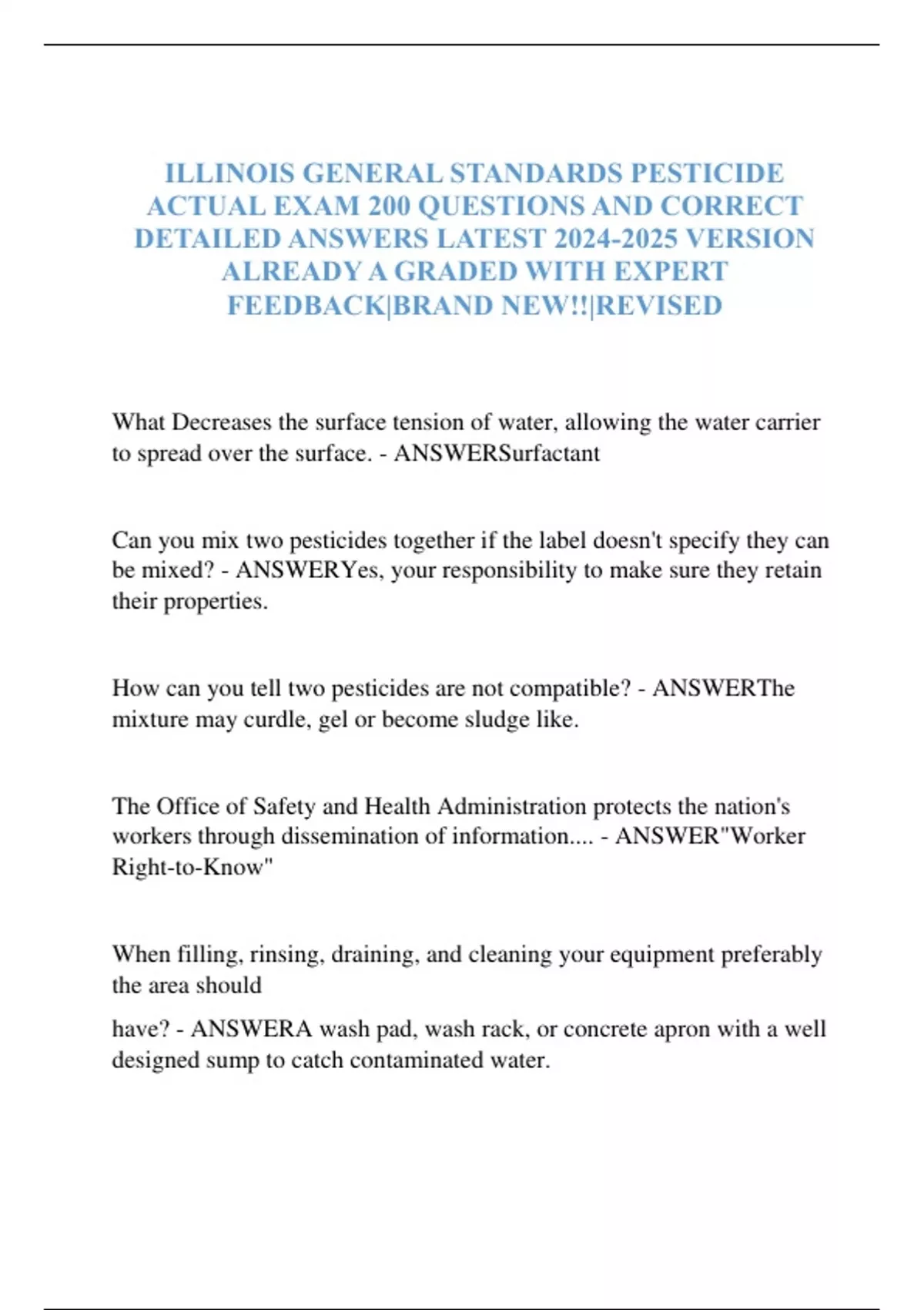 ILLINOIS GENERAL STANDARDS PESTICIDE ACTUAL EXAM 200 QUESTIONS AND ...