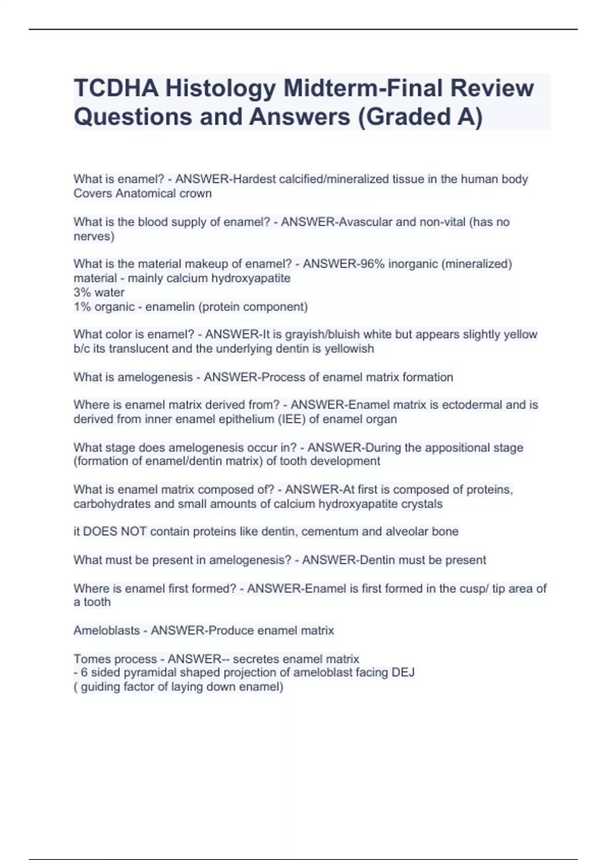 TCDHA Histology Midterm-Final Review Questions and Answers (Graded A ...