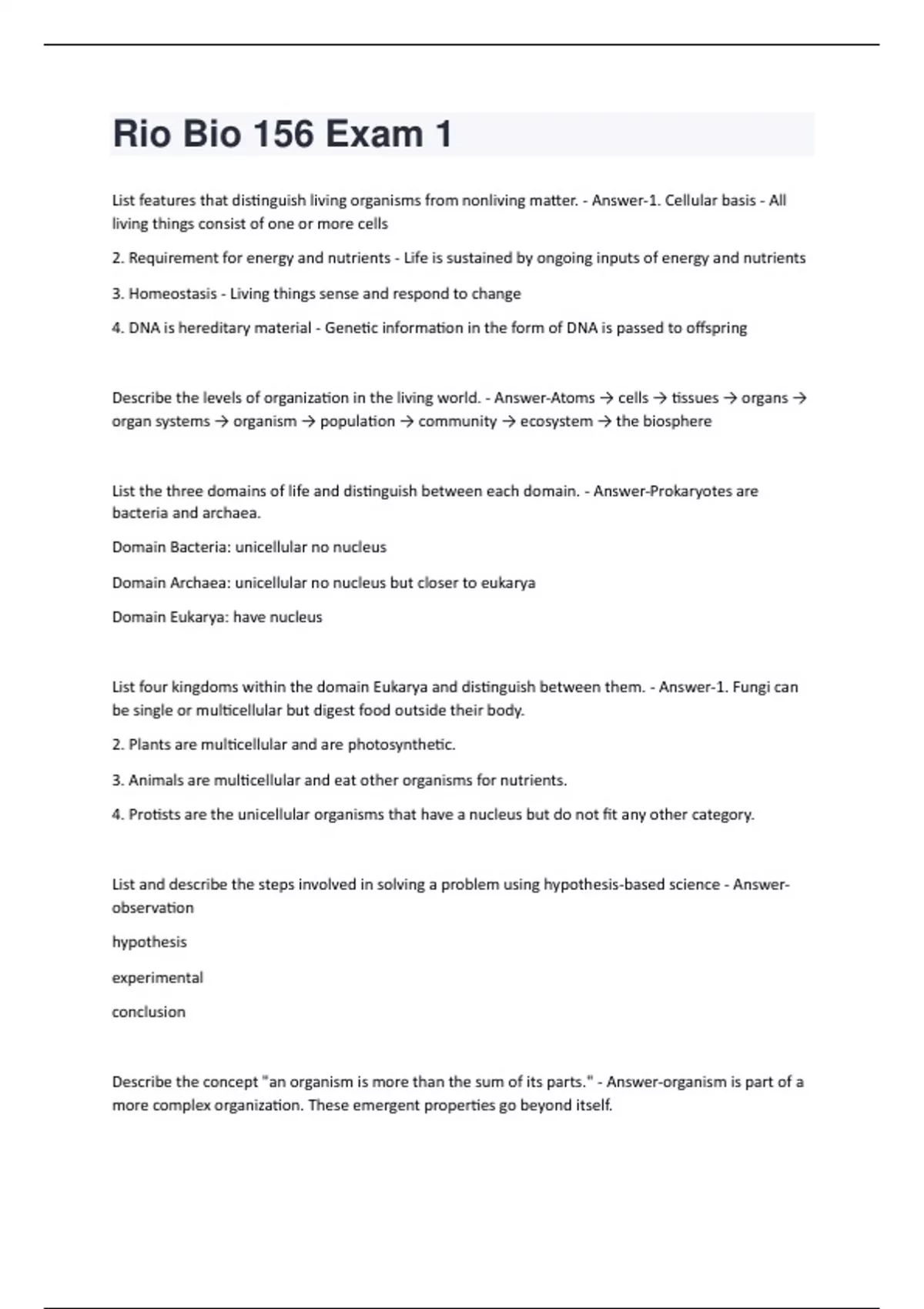 2024 Rio Bio 156 Exam 1 Questions and Answers Solved 100% Correct!! - Rio Bio 156 - Stuvia US