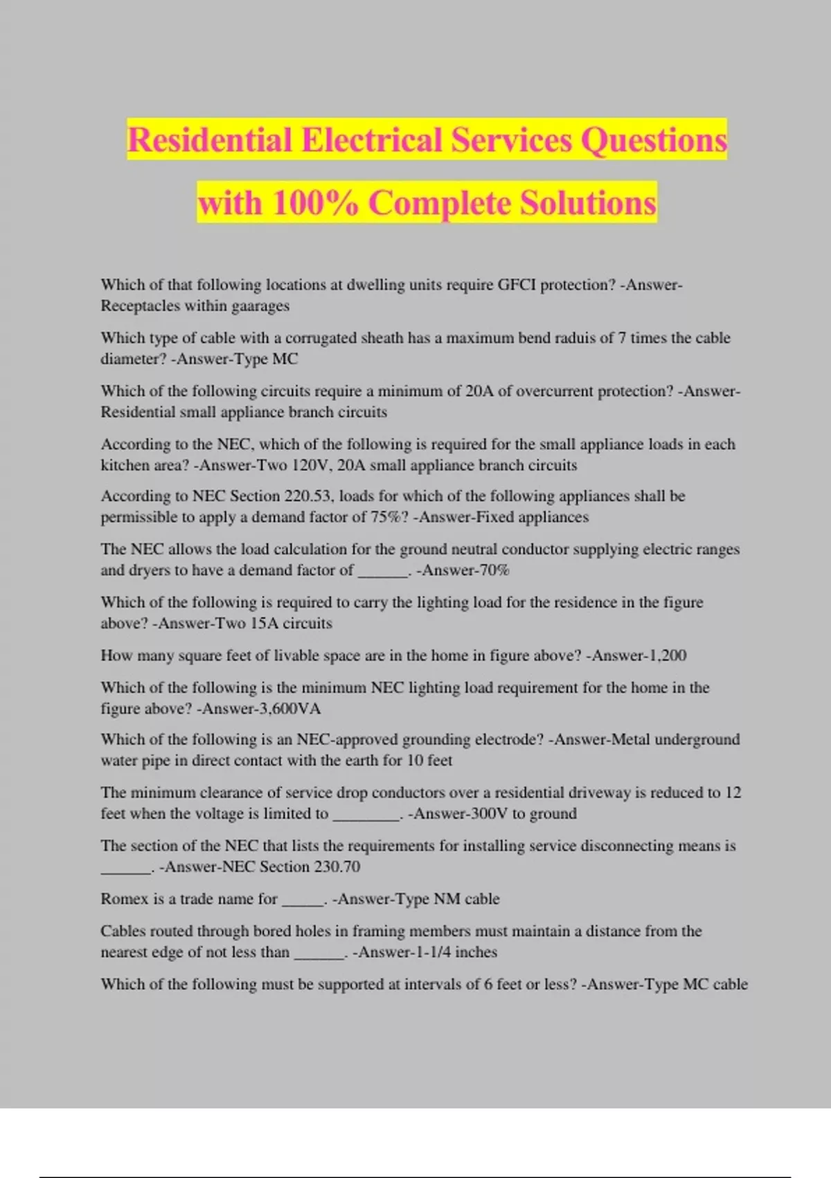 Residential Electrical Services Questions with 100% Complete Solutions ...