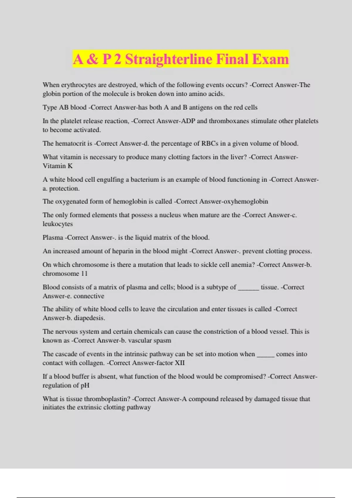 A & P 2 Straighterline Final Exam - Straighterline A and P - Stuvia US