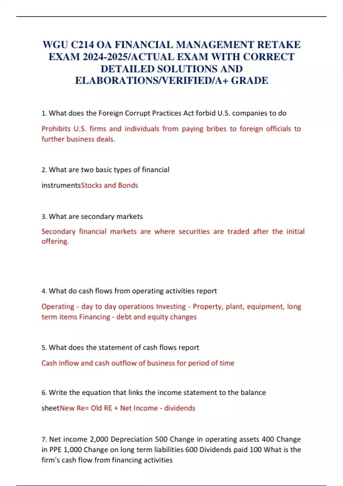 WGU C214 OA FINANCIAL MANAGEMENT RETAKE EXAM /ACTUAL EXAM WITH CORRECT DETAILED SOLUTIONS AND ...