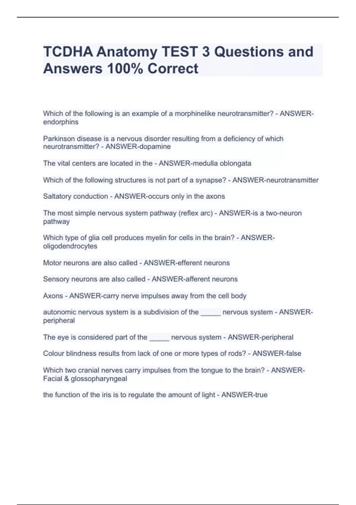 TCDHA Anatomy TEST 3 Questions and Answers 100% Correct - TCDHA Anatomy ...