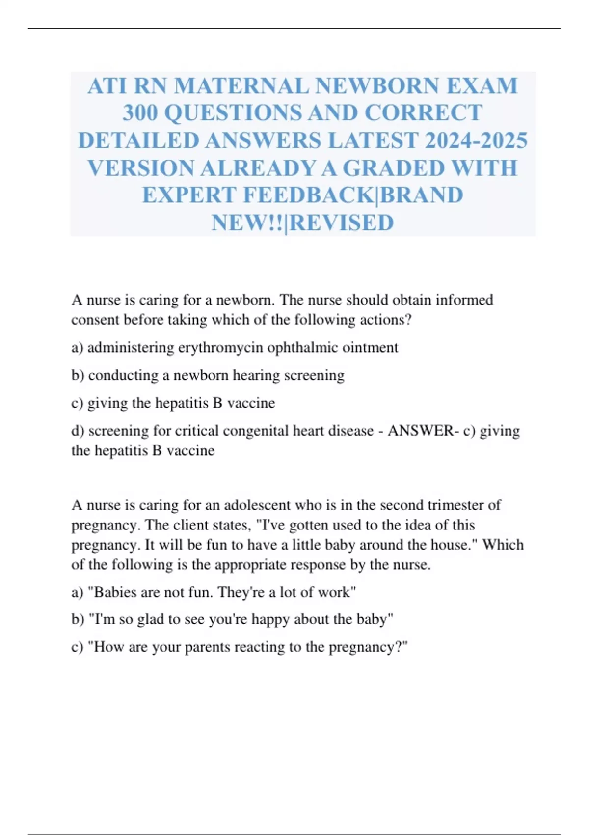 ATI RN MATERNAL NEWBORN EXAM 300 QUESTIONS AND CORRECT DETAILED ANSWERS ...