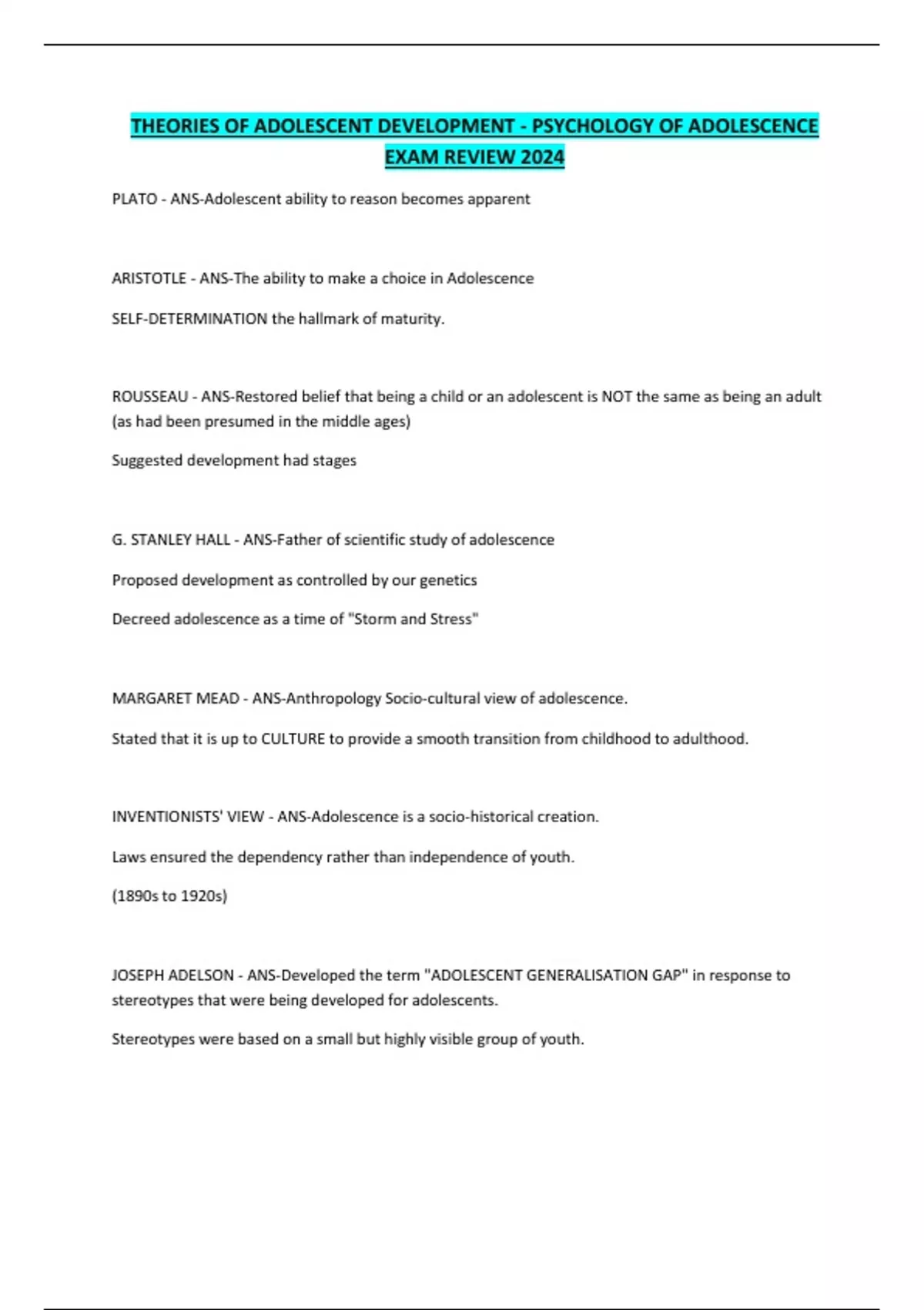 Chapter 3 - Adolescent Development Questions & Answers, Adolescent ...