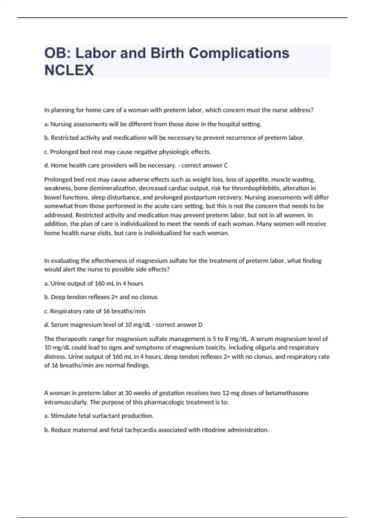 OB Labor and Birth Complications NCLEX questions and answers already ...