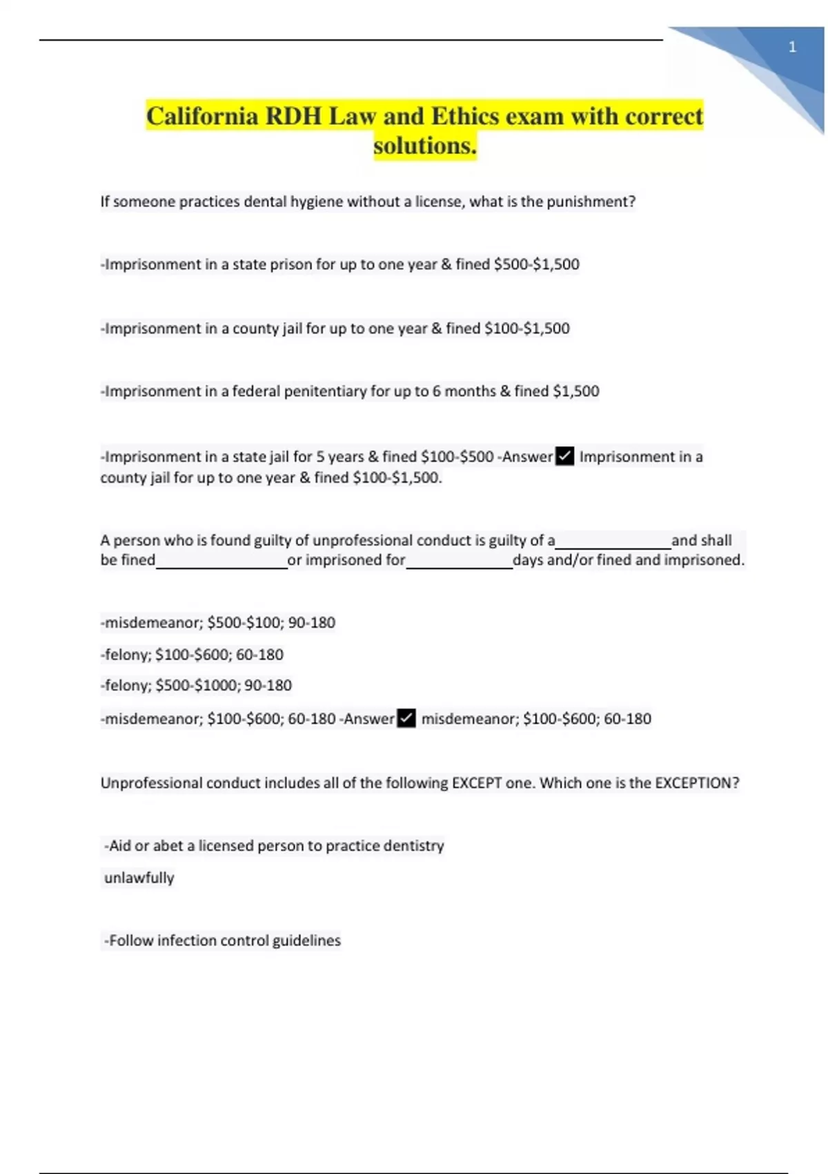 California RDH Law and Ethics exam with correct solutions Graded A+ ...