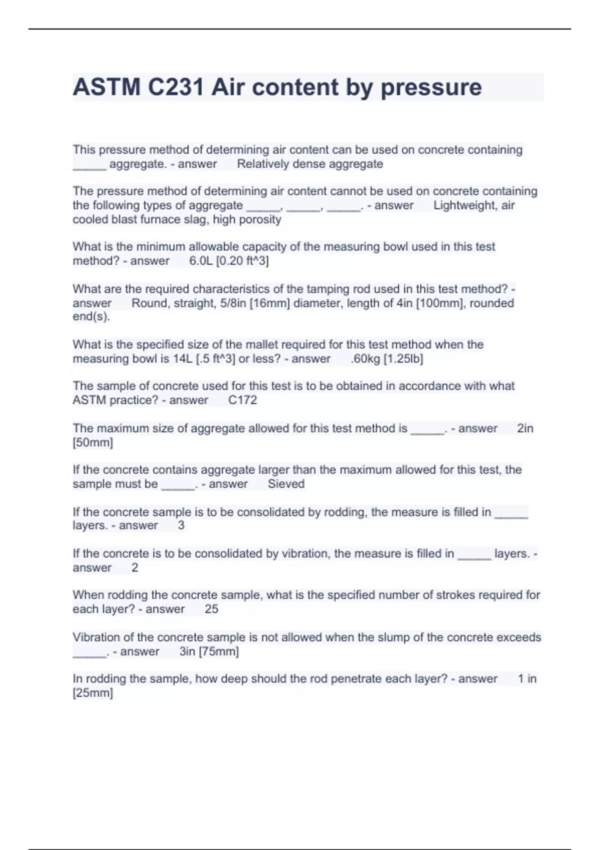 ASTM C231 Air content by pressure Questions and Answers 2024 - Air methods - Stuvia US