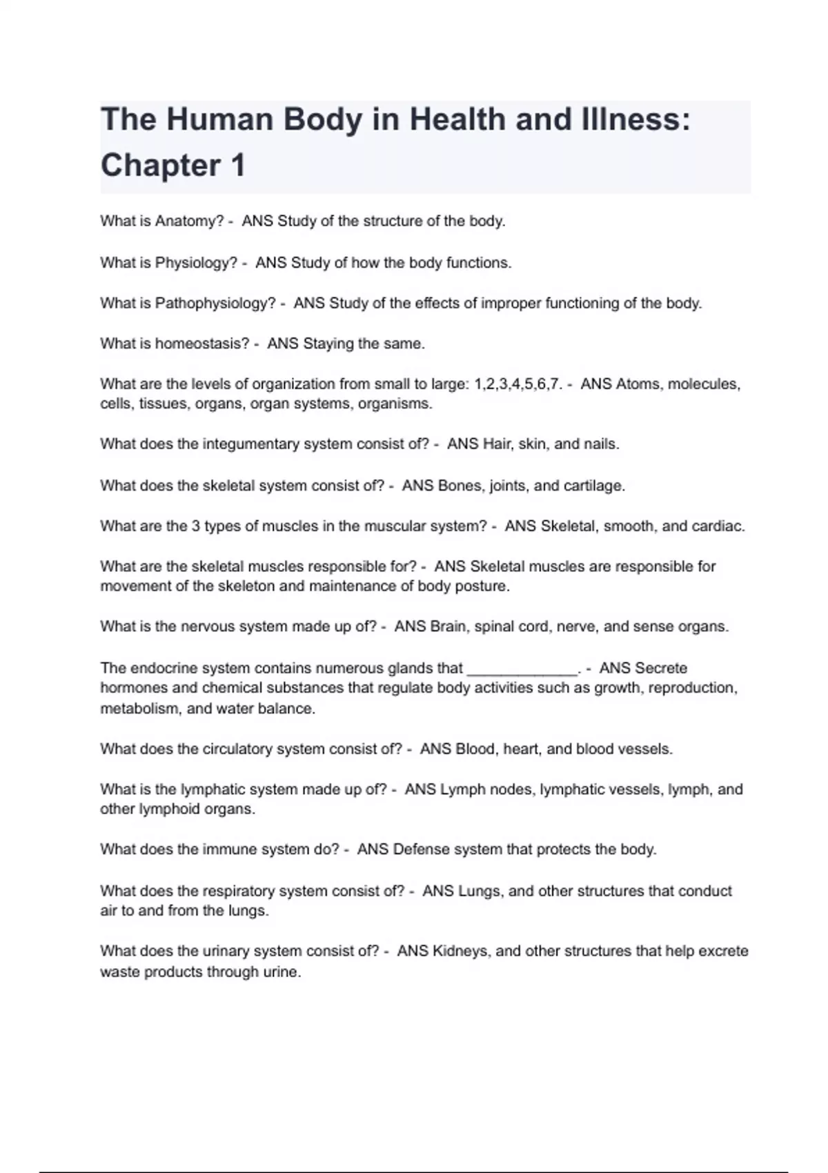 The Human Body in Health and Illness: Chapter 1 Exam Questions with ...
