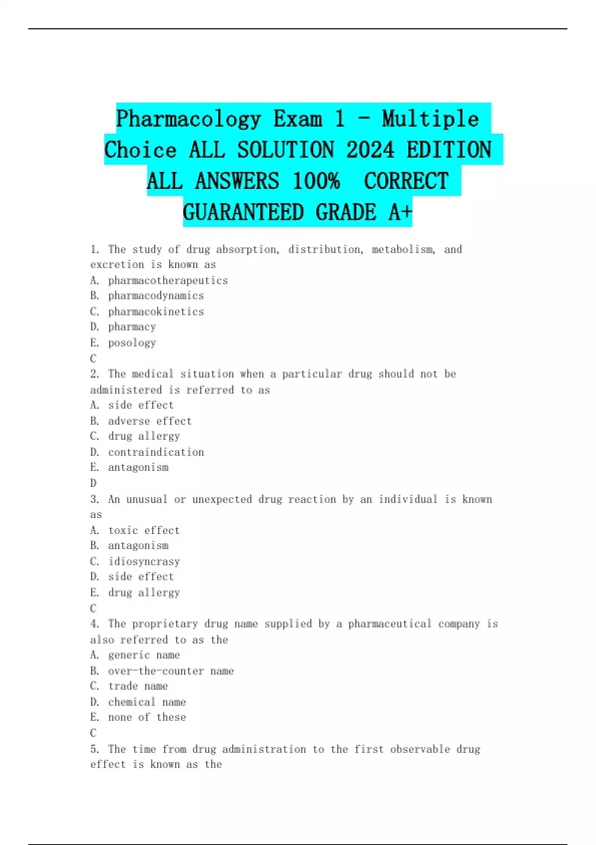 Pharmacology Exam 1 - Multiple Choice ALL SOLUTION 2024 EDITION ALL ...