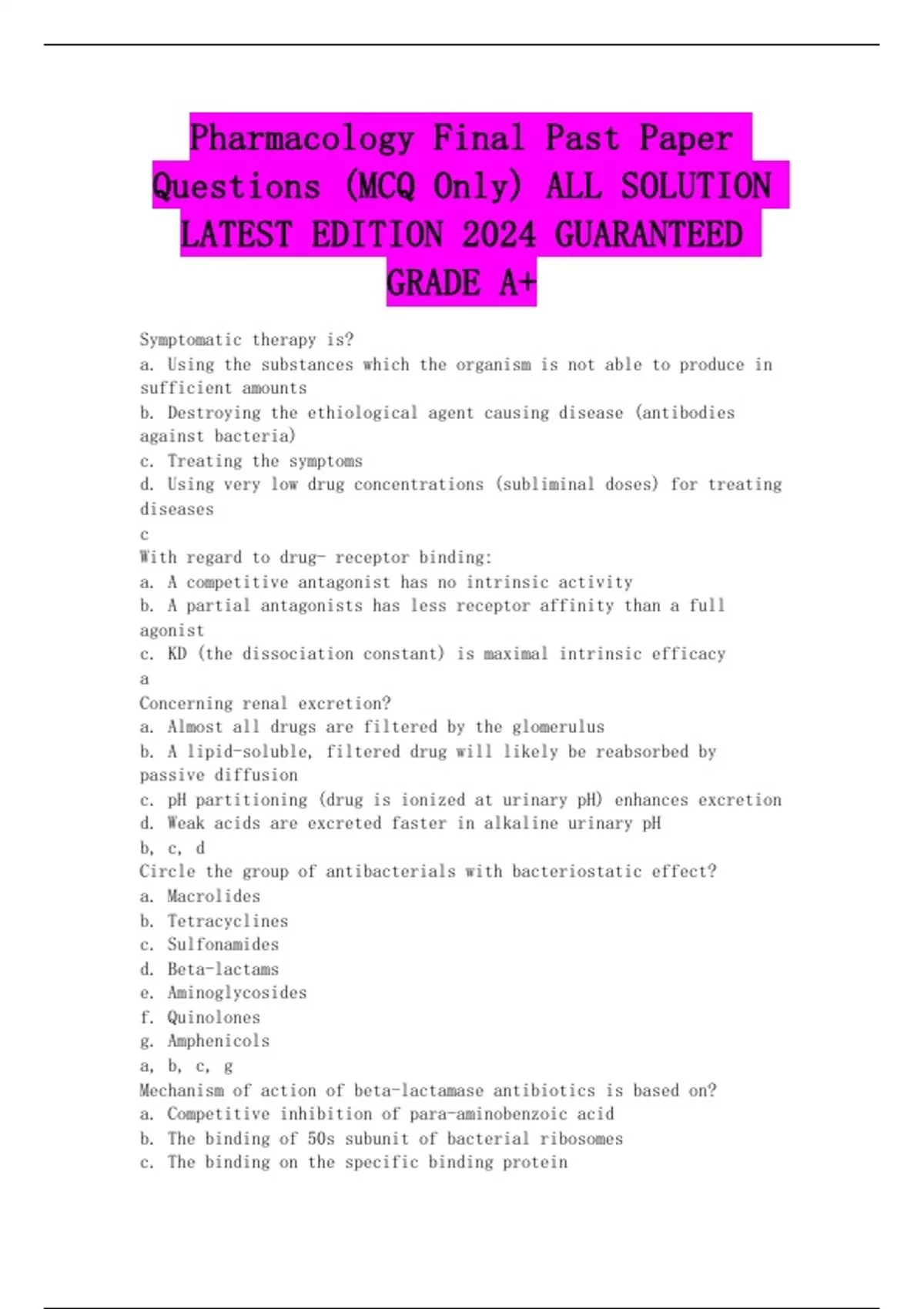 Pharmacology Final Past Paper Questions (MCQ Only) ALL SOLUTION LATEST ...