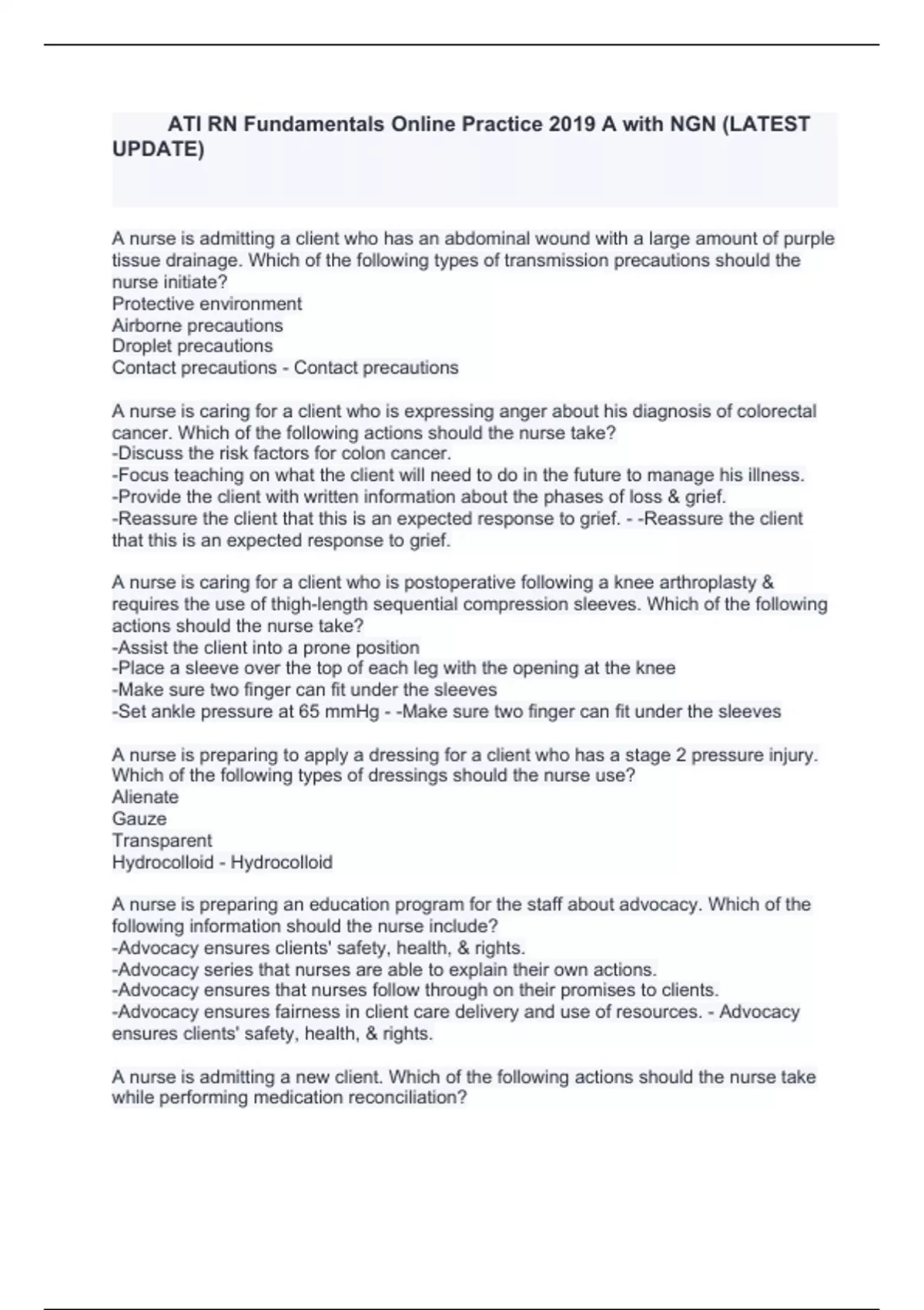 ATI RN Fundamentals Online Practice 2019 A with NGN (LATEST UPDATE ...