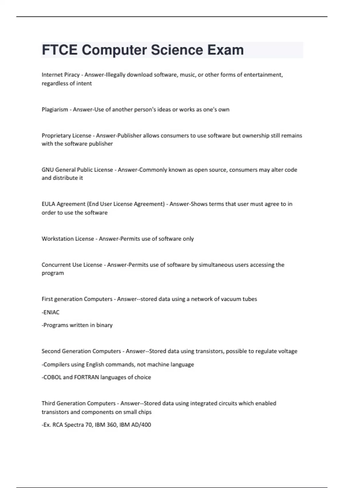 FTCE Computer Science Exam Questions & Answers Correctly Answered. 2024 update - FTCE Computer ...