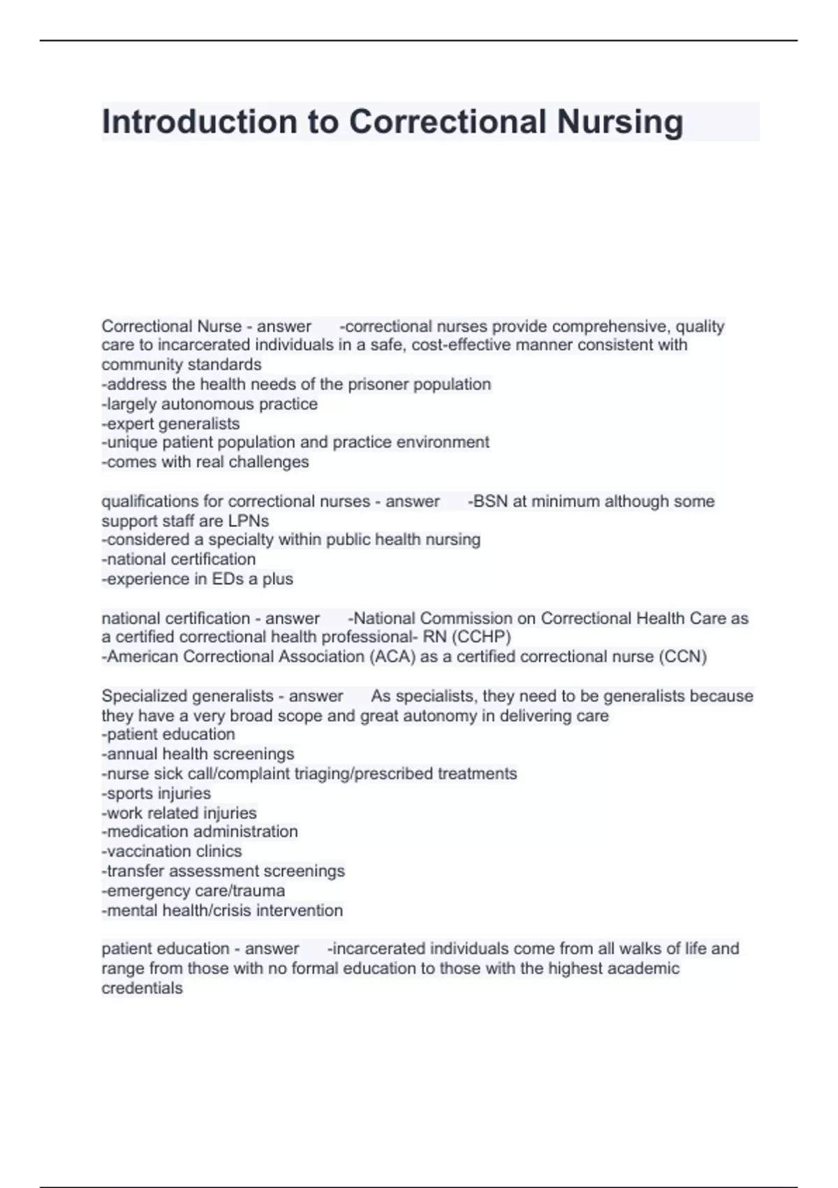 Introduction to Correctional Nursing Questions and Answers 2024 - CCHP ...