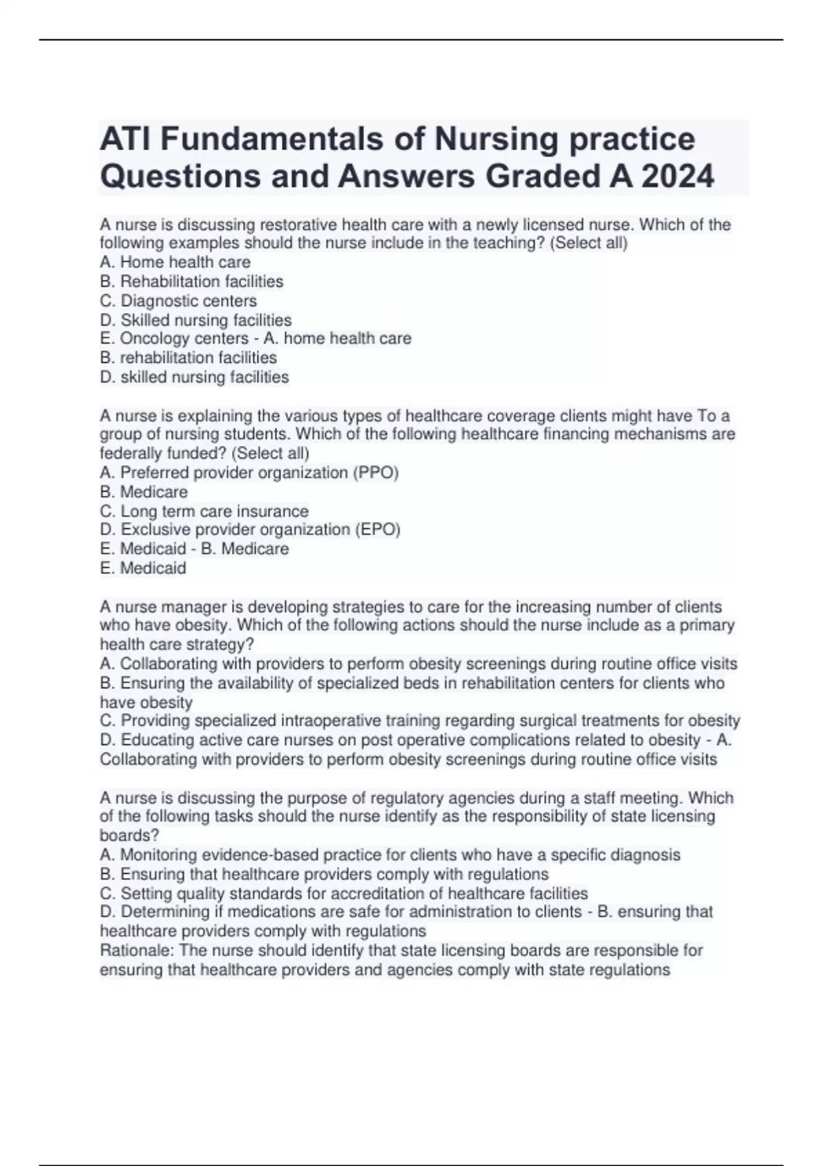 ATI Fundamentals of Nursing practice Questions and Answers Graded A ...