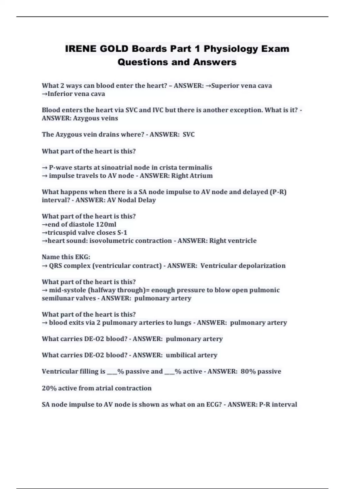 IRENE GOLD Boards Part 1 Physiology Exam Questions and Answers - IRENE ...
