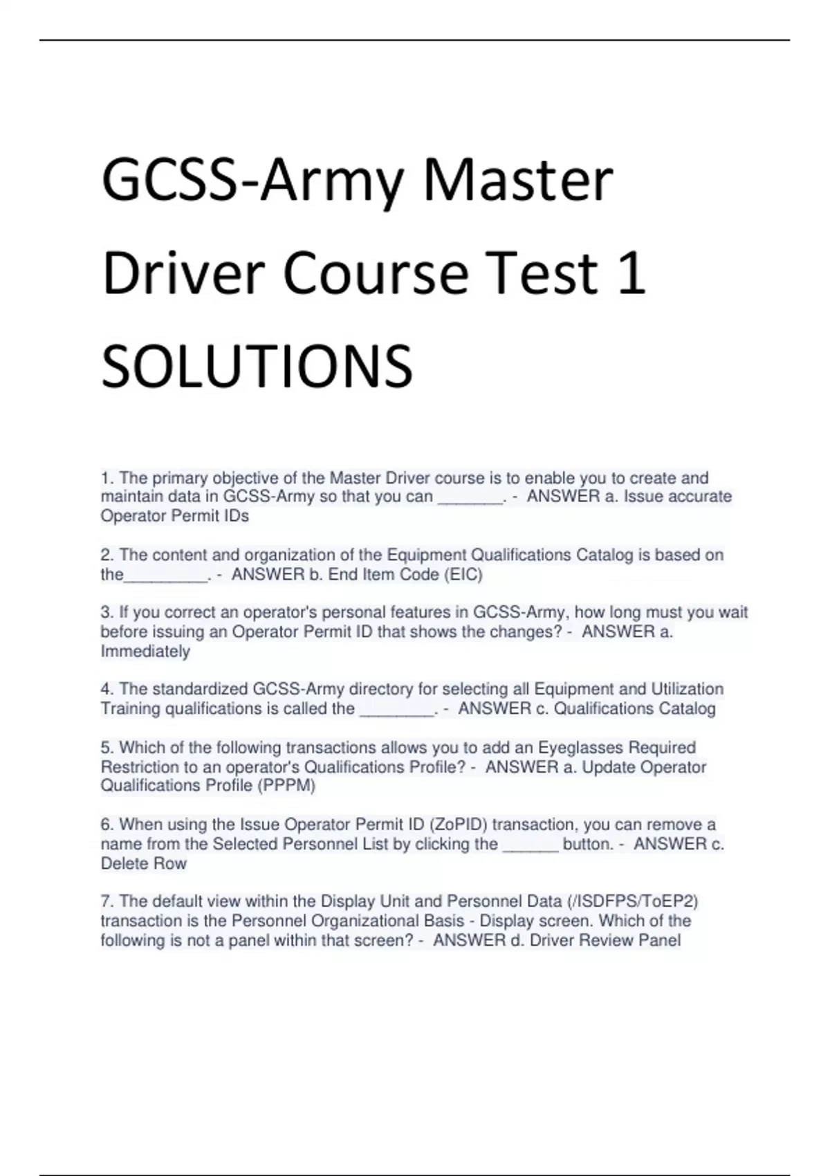 UPDATED 2024 GCSS-Army Master Driver Course Test 1 SOLUTIONS - GCSS ...