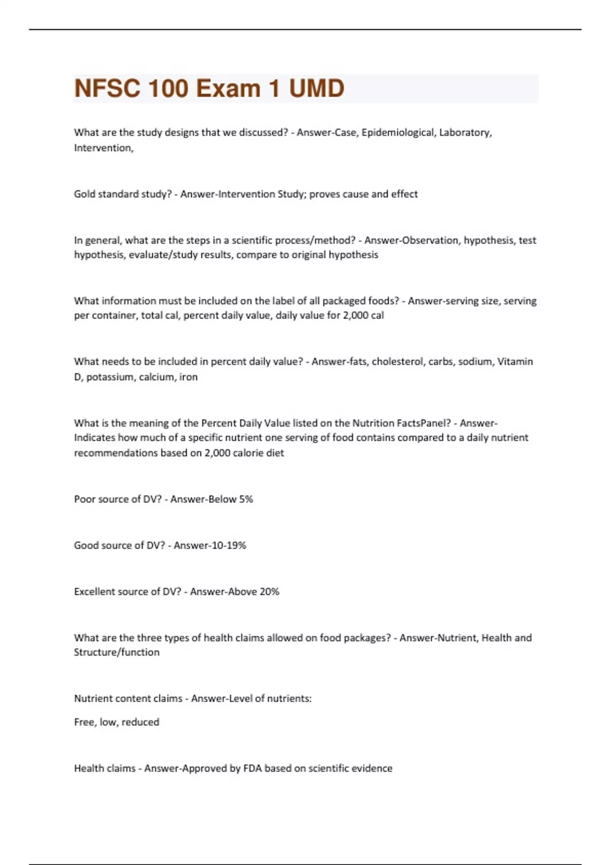 NFSC 100 Exam 1 UMD Questions and Answers(A+ Solution guide) - NFSC 100 ...