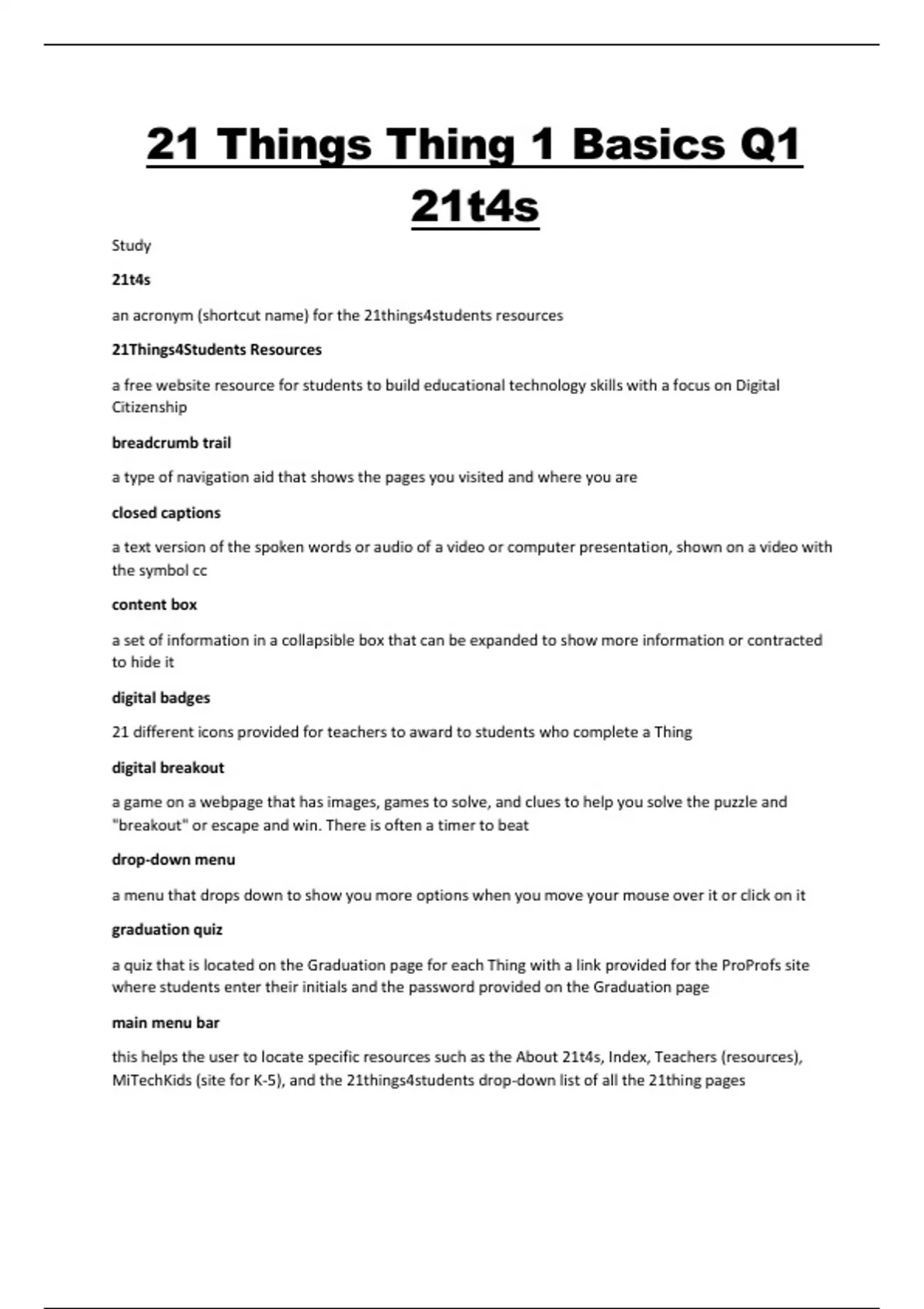 21 Things Thing 1 Basics Q1 21t4s Questions with Correct Answers - 21 ...