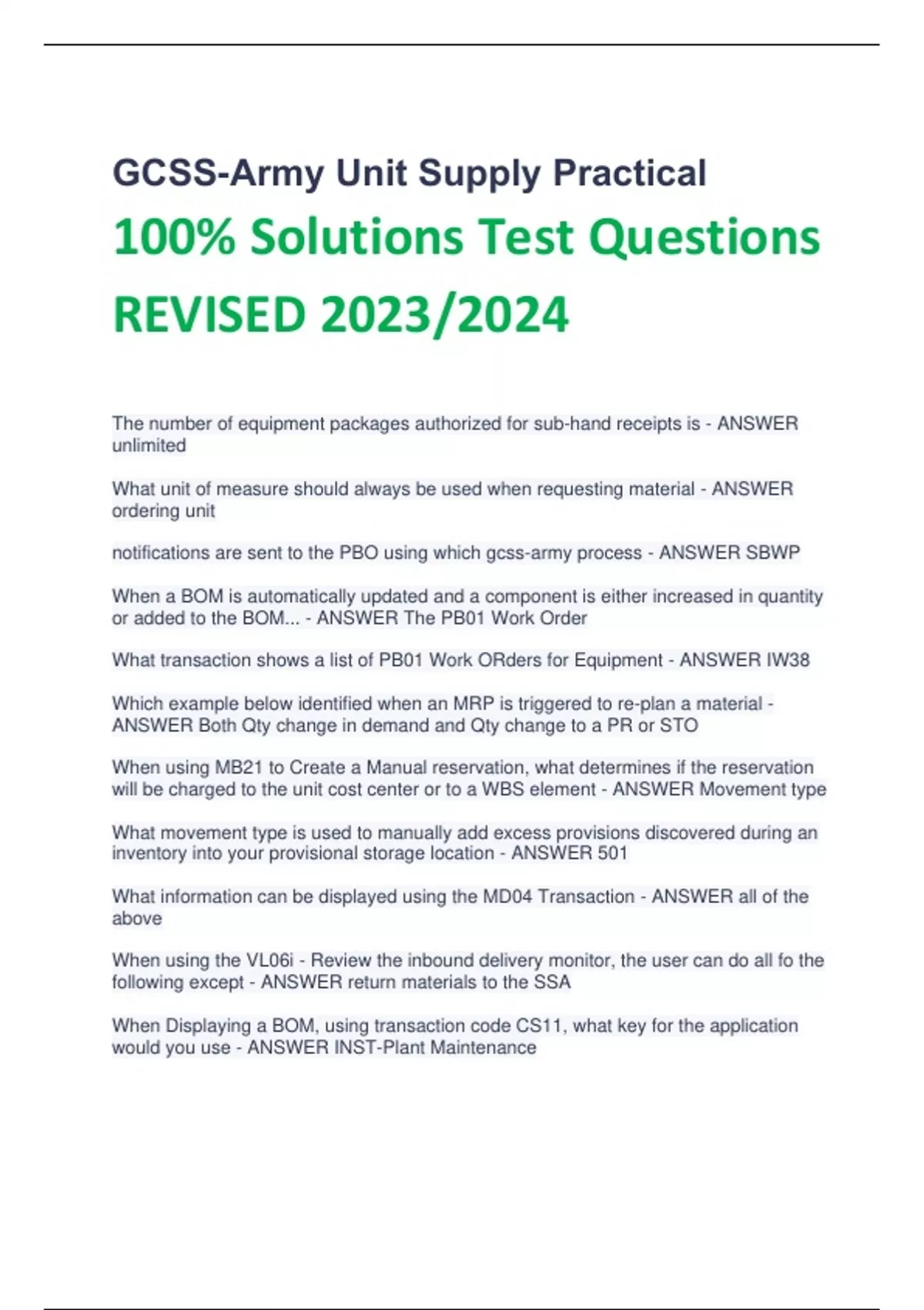 Updated 2024 Gcss Army Unit Supply Practical Exam 100 Solutions Test Questions Revised 2023