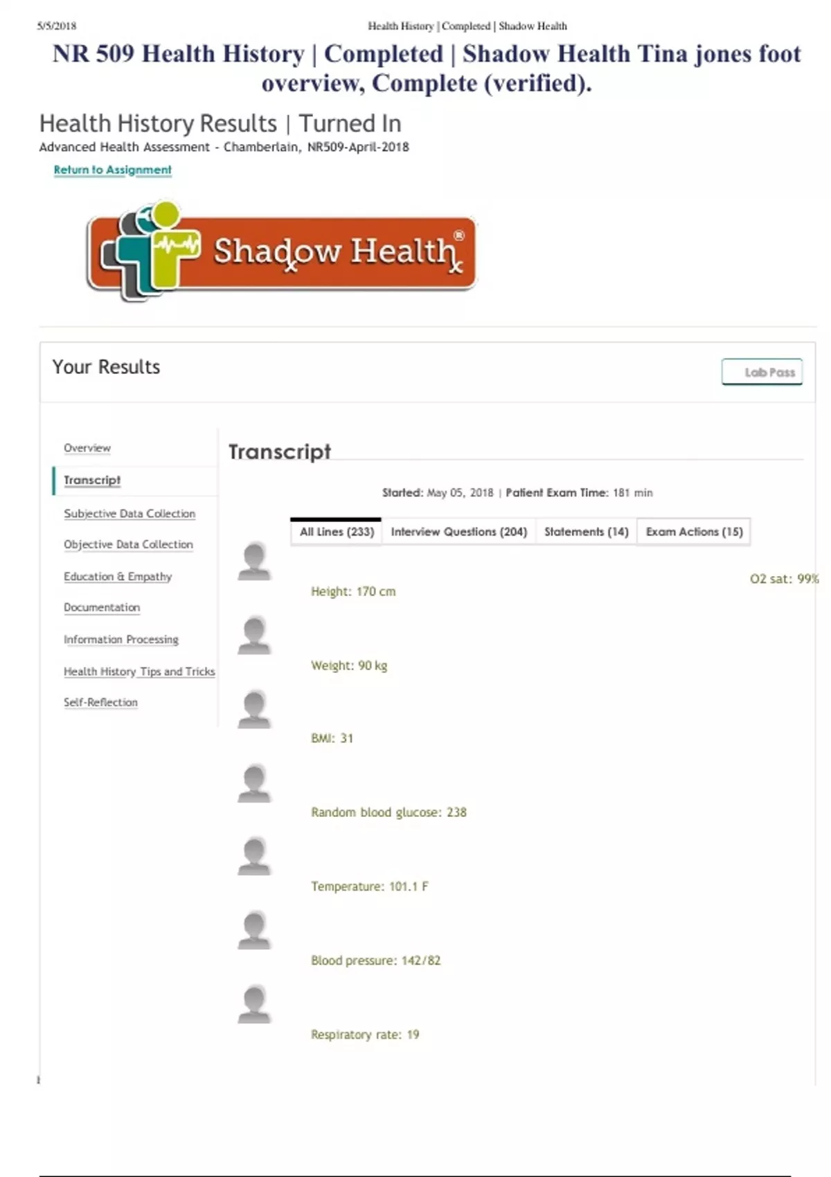 Summary NR 509 Health History | Completed | Shadow Health Tina jones ...