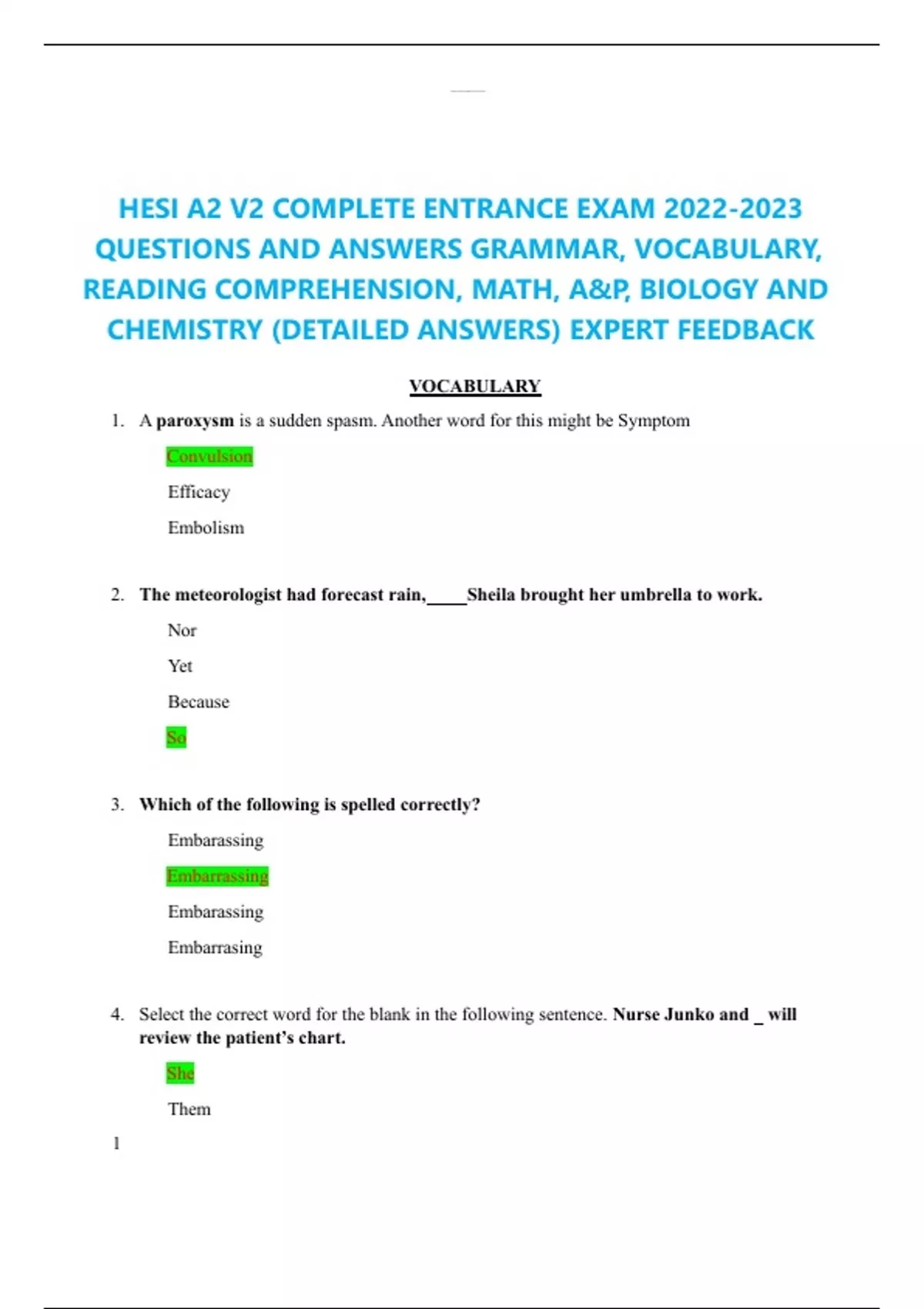 HESI A2 V2 COMPLETE ENTRANCE EXAM QUESTIONS AND ANSWERS GRAMMAR ...