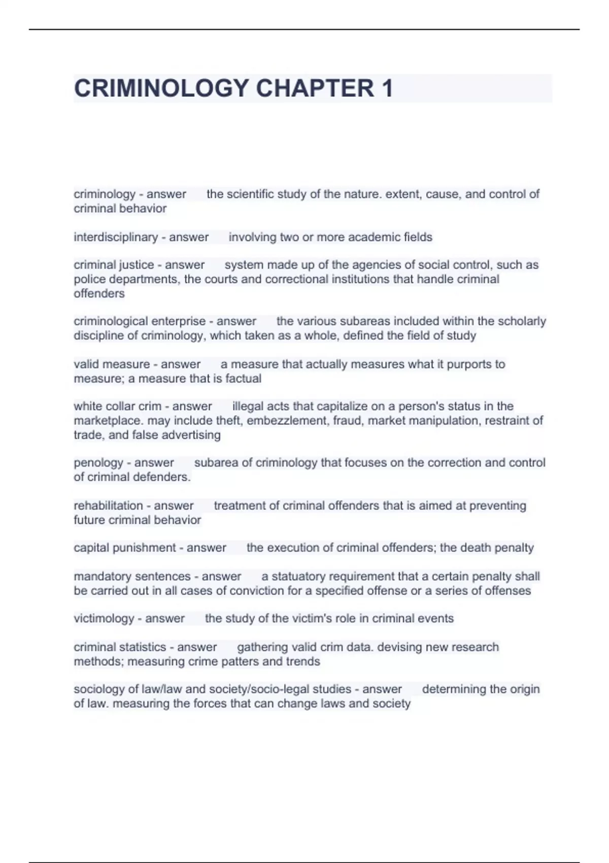 CRIMINOLOGY CHAPTER 1 QUESTIONS WITH CORRECT ANSWERS 2024 - Criminology ...