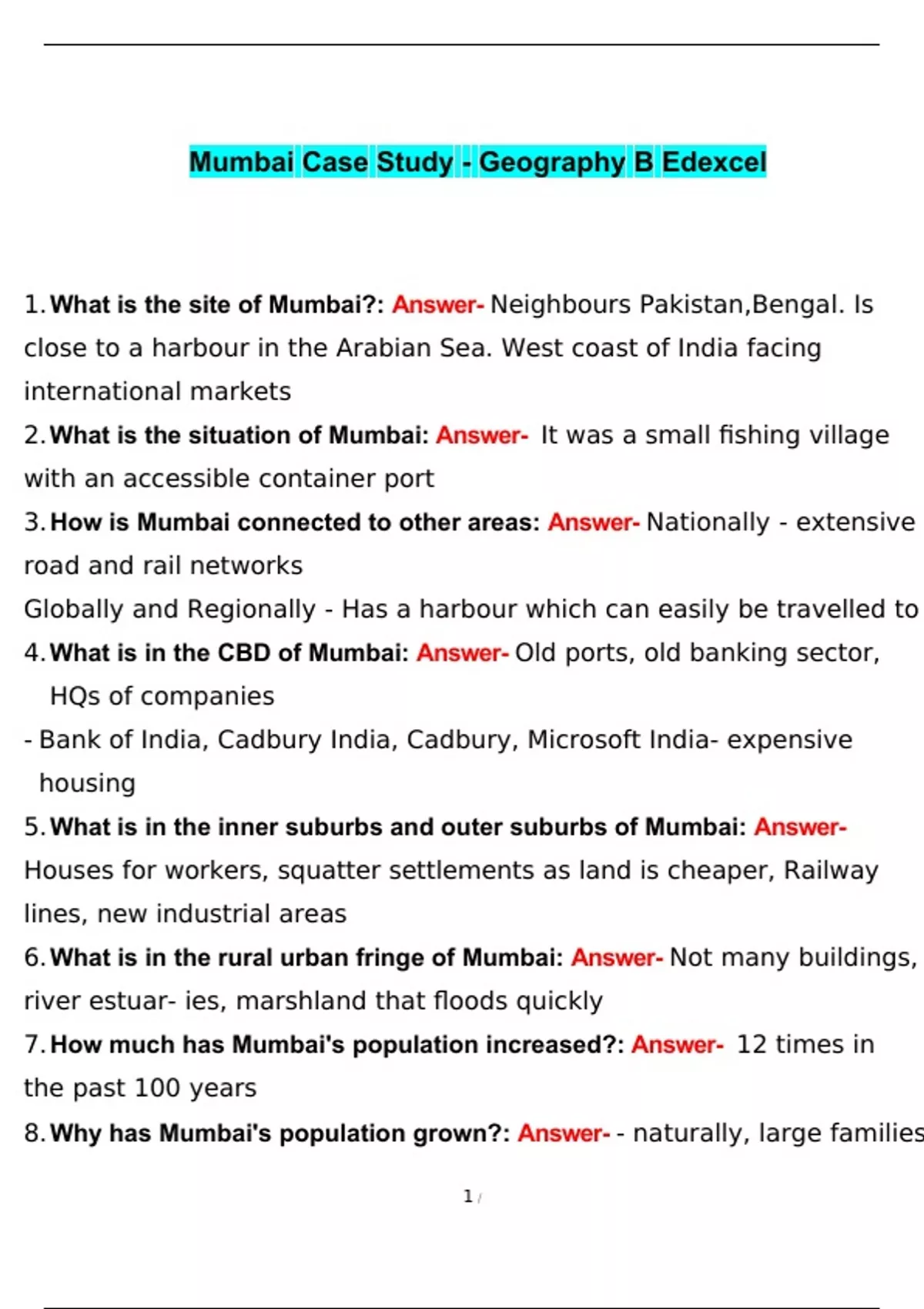 Mumbai Case Study Questions and Answers 2024 - Mumbai Case - Stuvia US