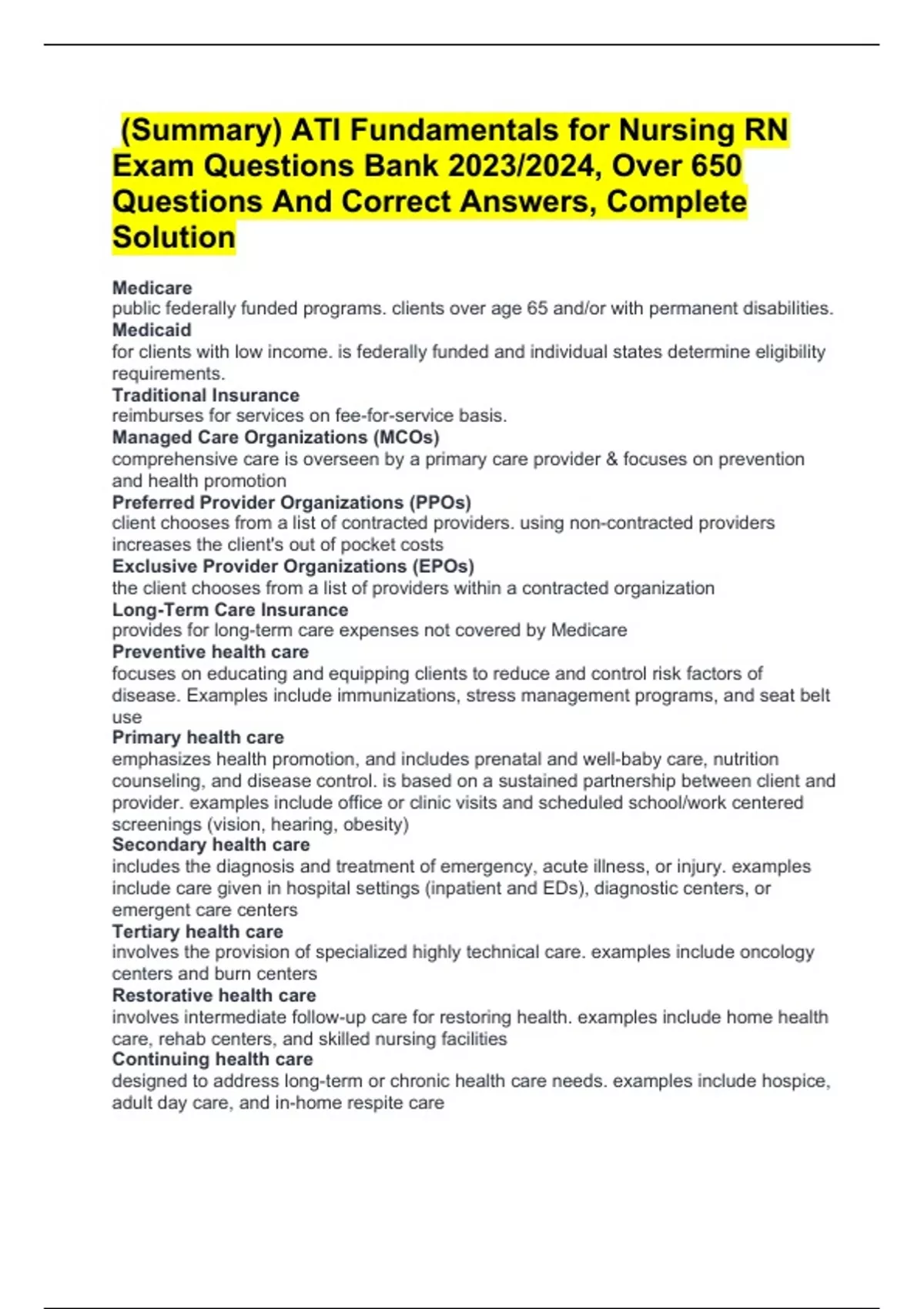 (Summary) ATI Fundamentals for Nursing RN Exam Questions Bank 2023/2024 ...