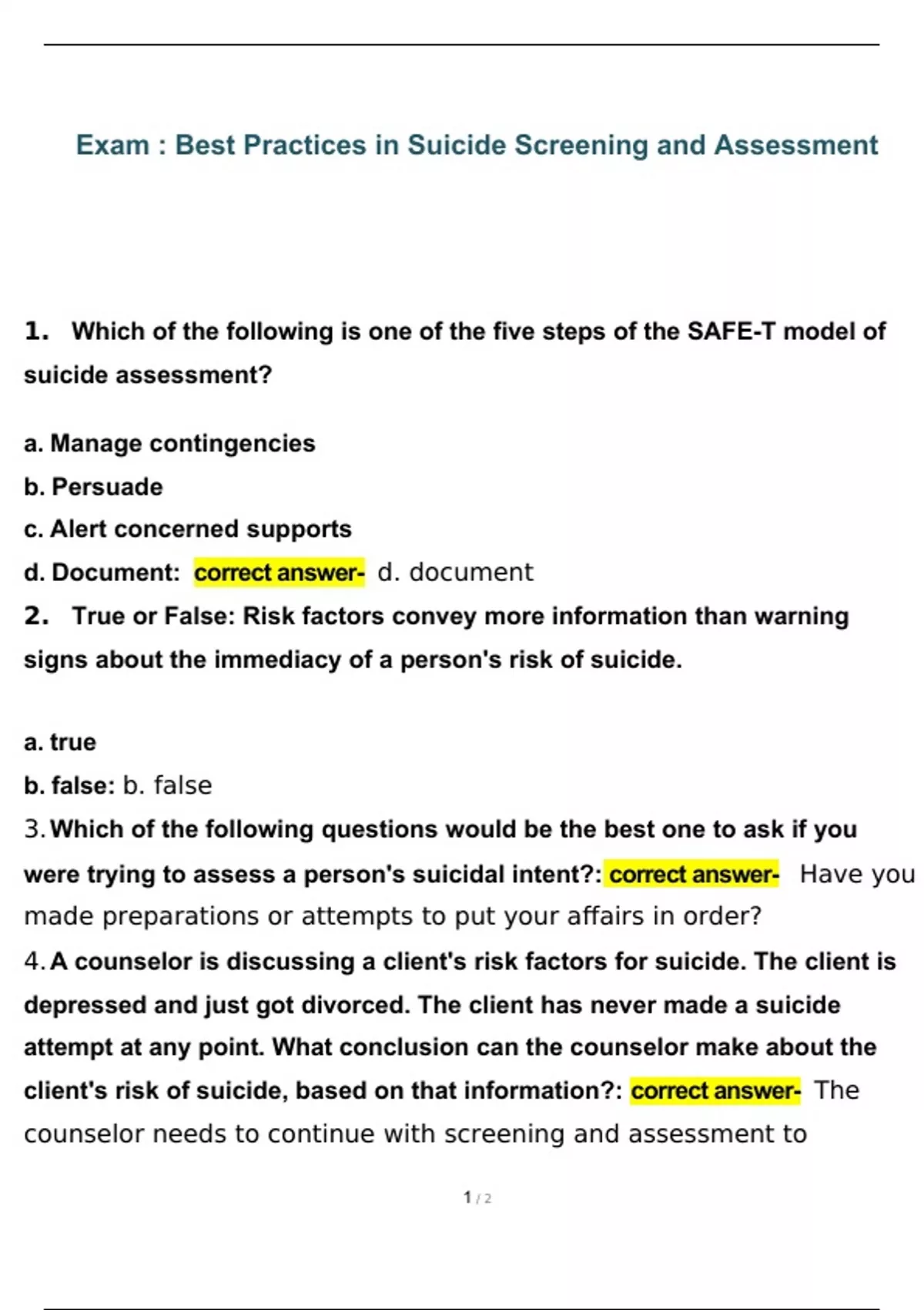 Exam : Best Practices in Suicide Screening and Assessment Questions ...