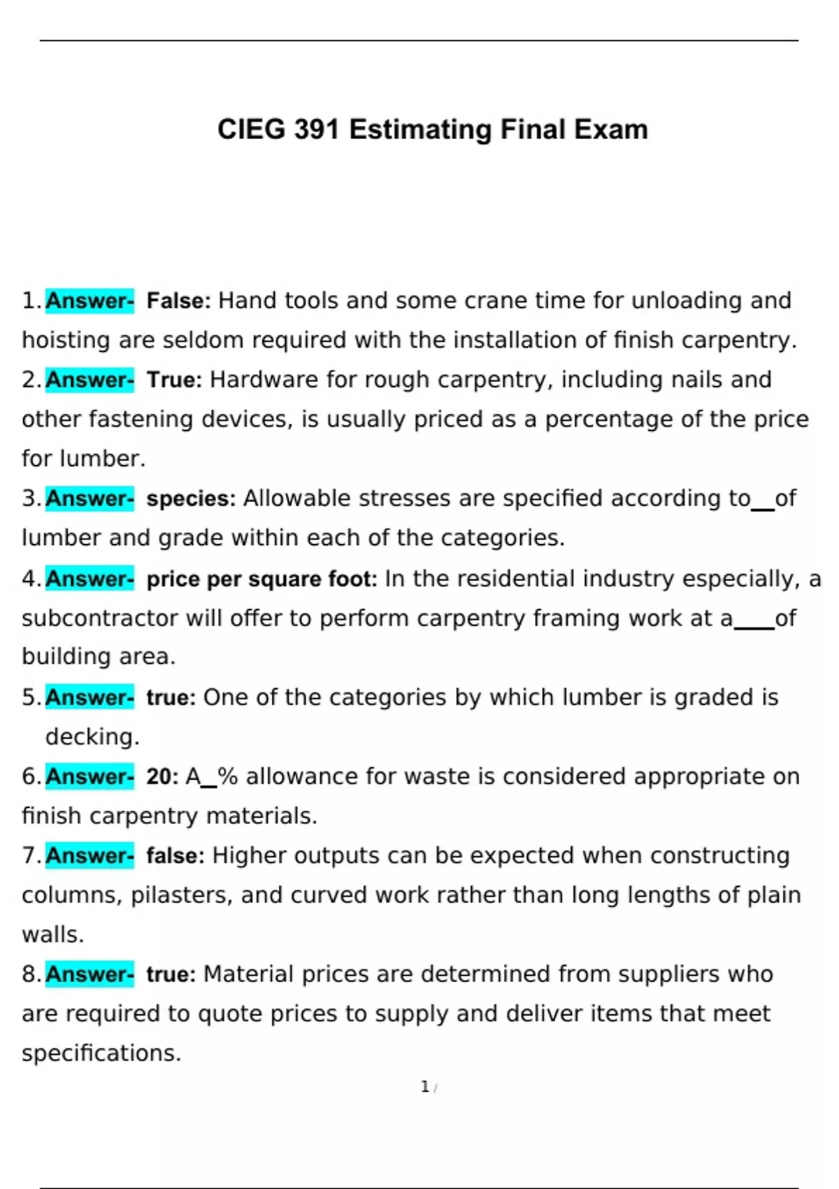 CIEG 391 Estimating Final Exam 2024 with complete solution - CIEG 391 Estimating - Stuvia US