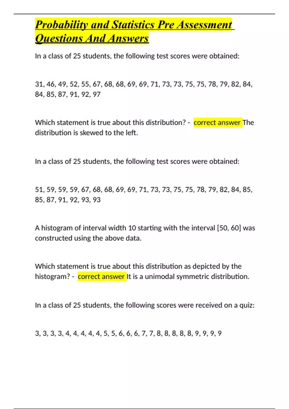 Probability and Statistics Pre Assessment Questions And Answers ...