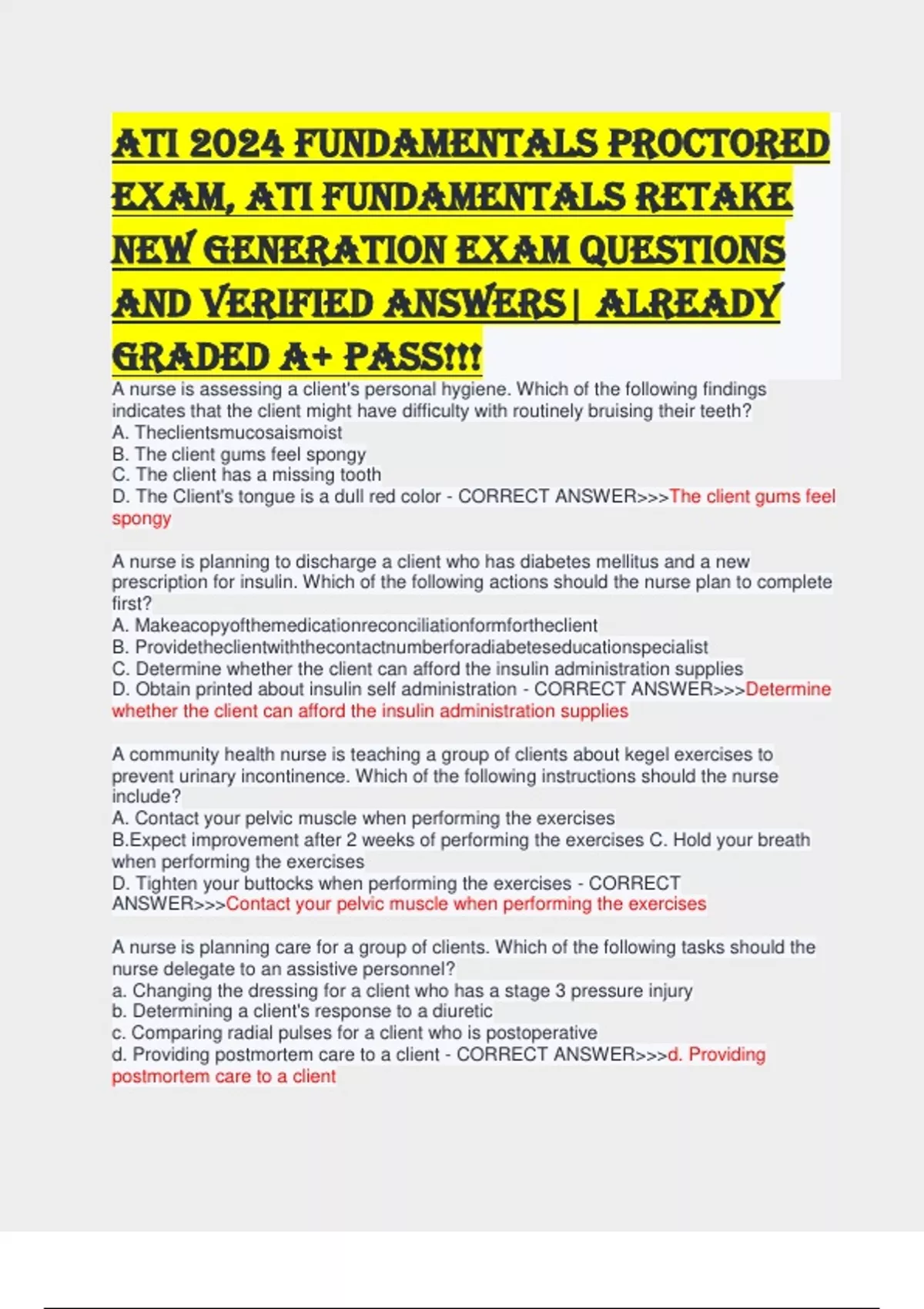 ATI 2024 Fundamentals Proctored Exam, ATI Fundamentals Retake NEW ...