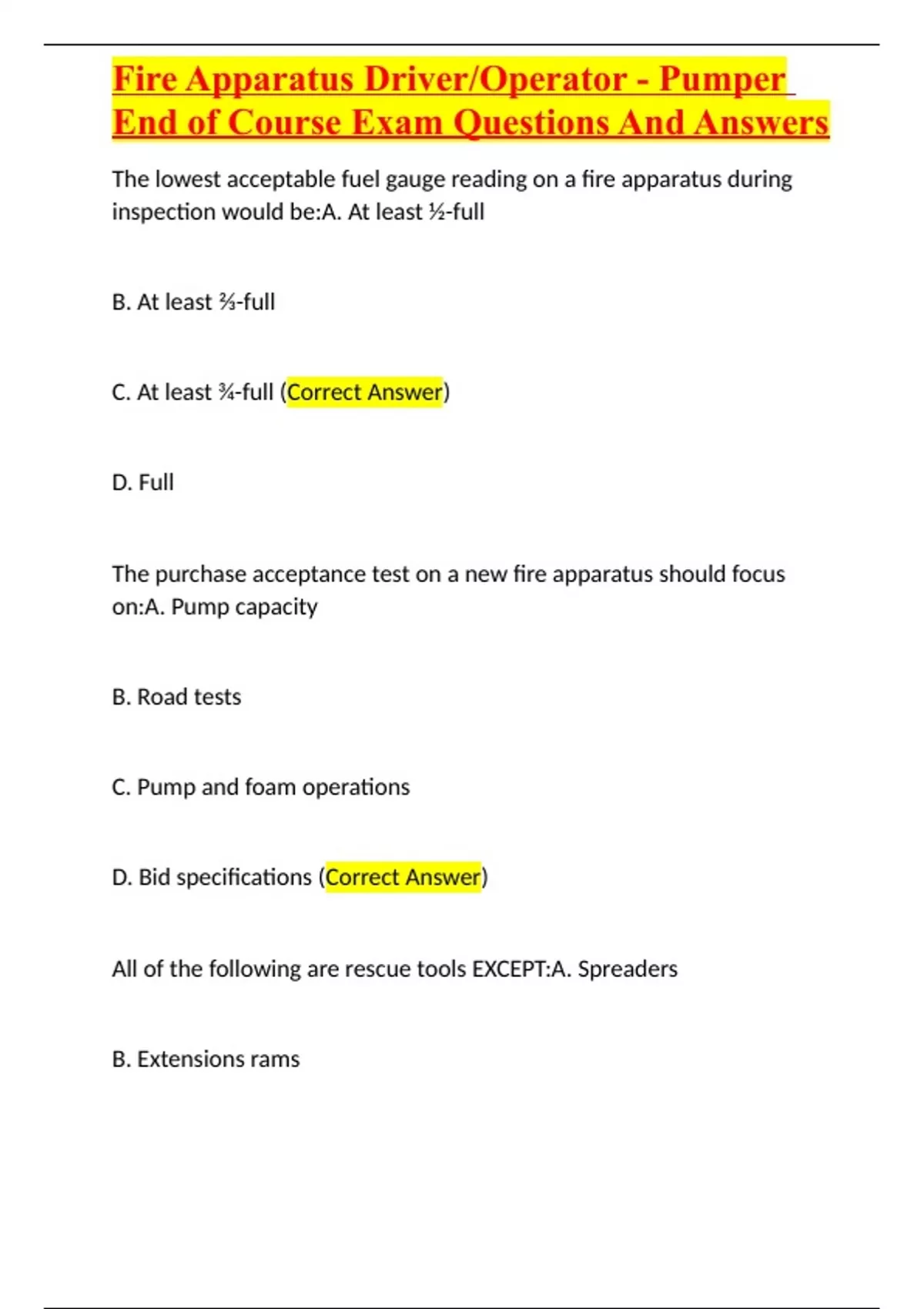 Fire Apparatus Driver/Operator - Pumper End of Course Exam Questions ...