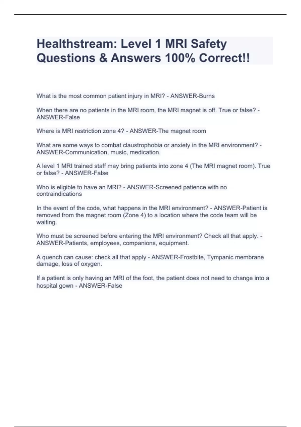 Healthstream: Level 1 MRI Safety Questions & Answers 100% Correct ...