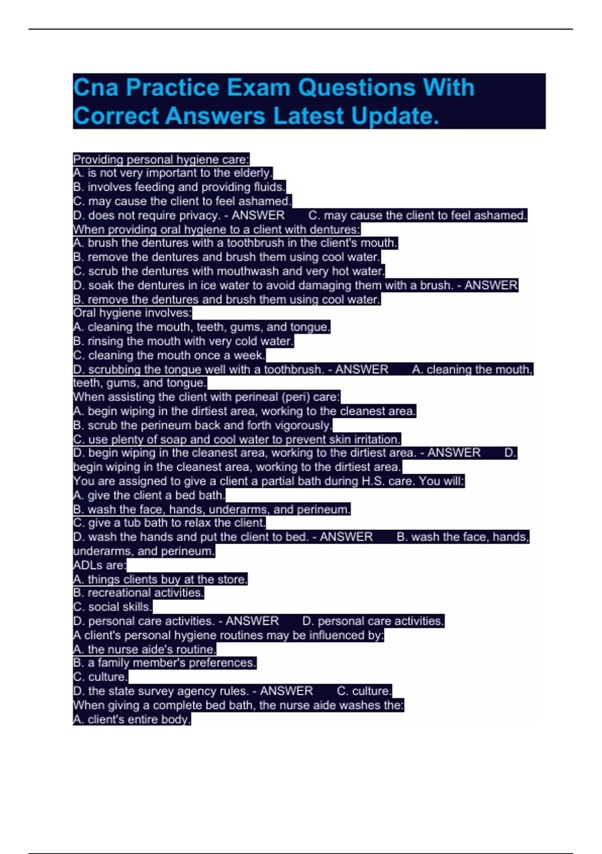 Cna Practice Exam Questions With Correct Answers Latest Update. - CNA ...