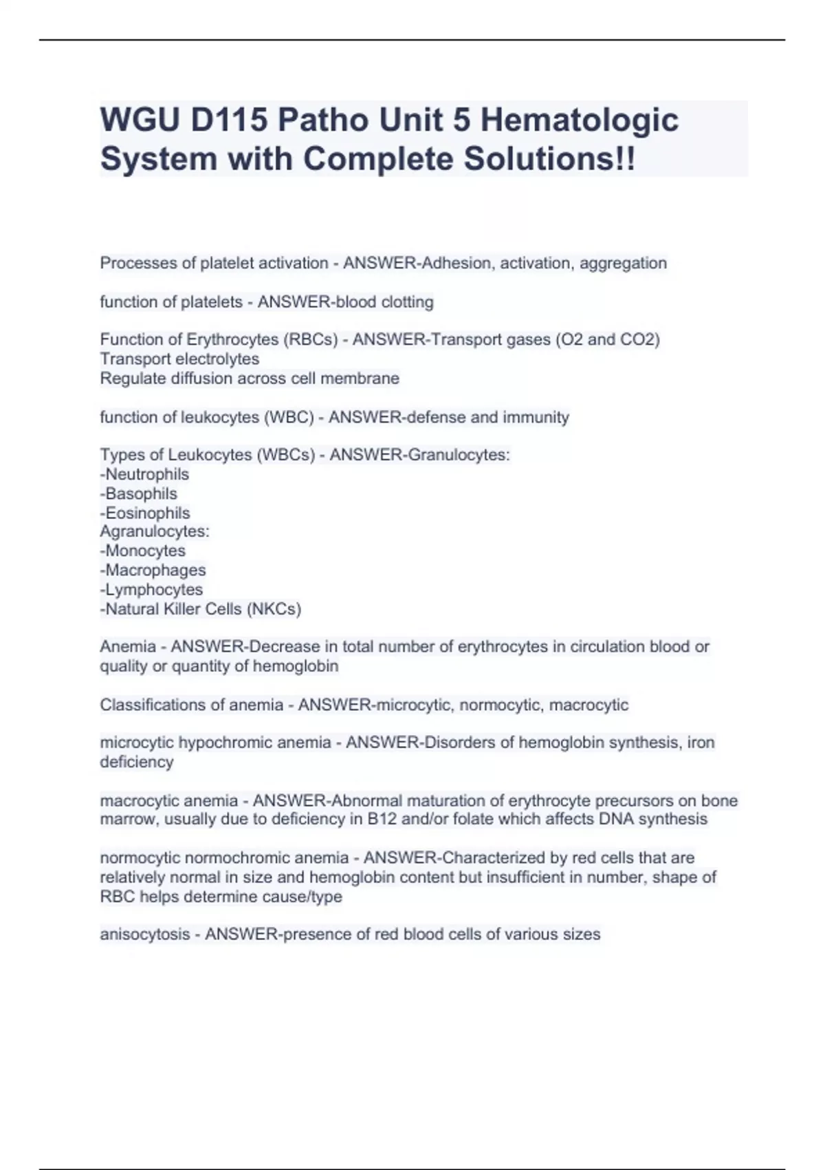 WGU D115 Patho Unit 5 Hematologic System with Complete Solutions!! - WGU D115 - Stuvia US